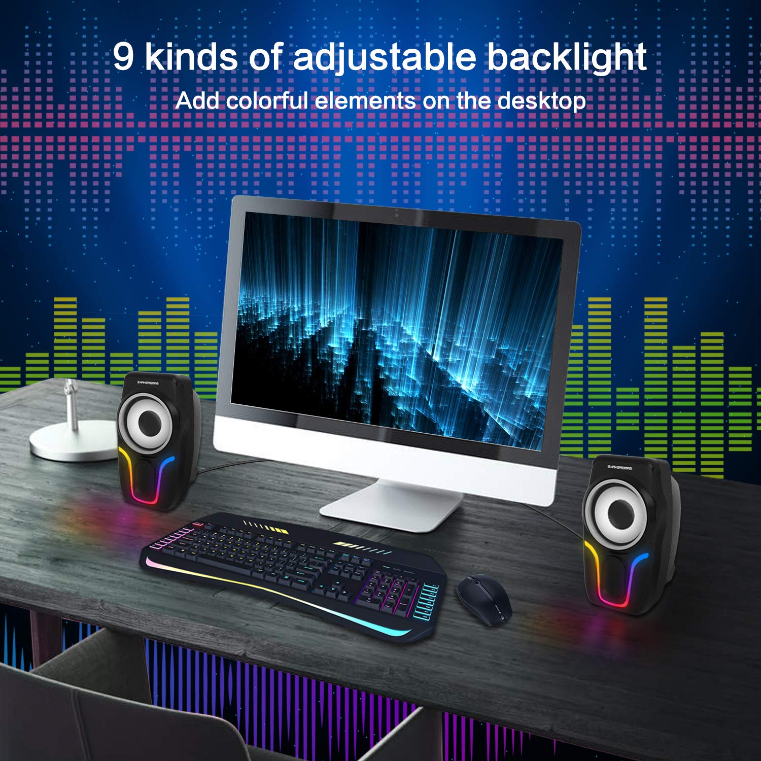 ZIYOU LANG Computer Speakers,2.0 Stereo Volume Control Gaming Speakers with Surround Sound,6 RGB LED Backlit Effect,USB Powered Wired Laptop Speakers with 3.5mm for Desktop Computer/PC/Laptops(Black)