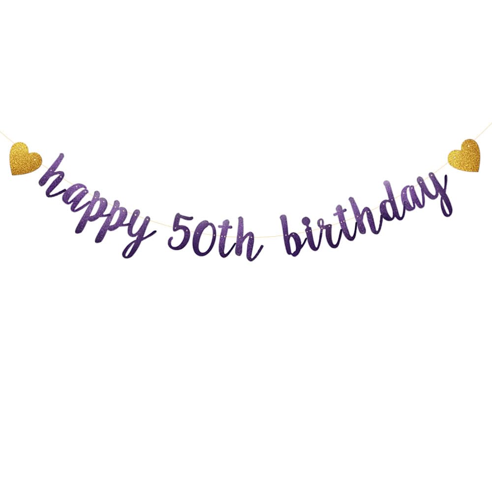 Happy 50th Birthday Banner, Pre-Strung,Purple Glitter Paper Garlands Banner for 50th Birthday Party Decorations Supplies, Letters Purple,Betteryanzi
