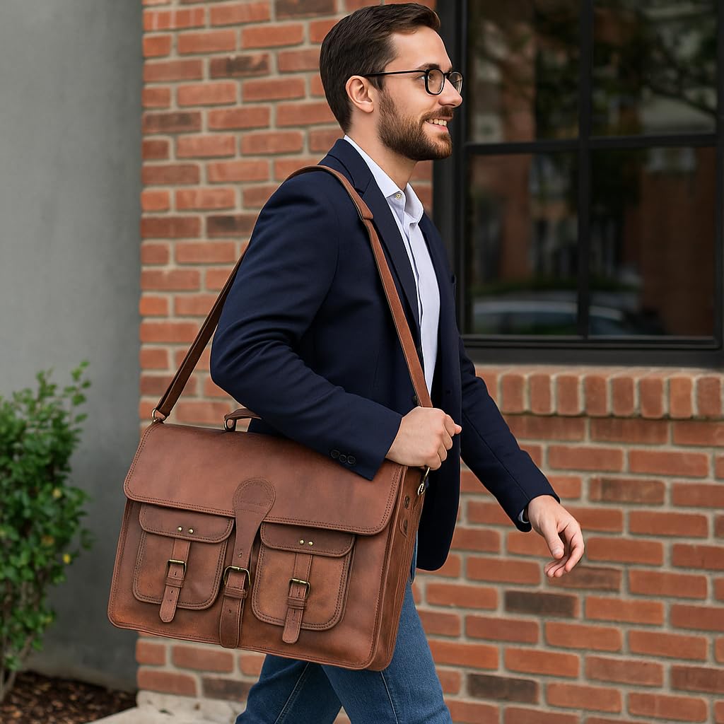 KPL 18 INCH Leather Briefcase Laptop Messenger bag best computer satchel Handmade Bags for men and women