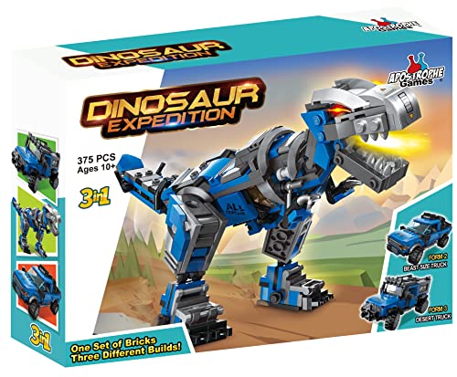 Apostrophe Games 3 in 1 Dinosaur Expedition Building Block Set (375 Pieces) Build a T-Rex, Truck or SUV, for Kids and Adults