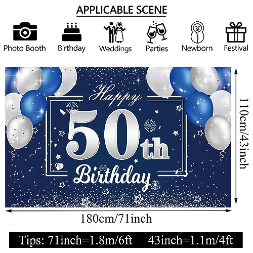 50th Birthday Decorations Banner Men, Blue Silver Happy 50th Bday Decorations for Men, 50th Birthday Decorations Men Blue, 50 Year Old Photography Background