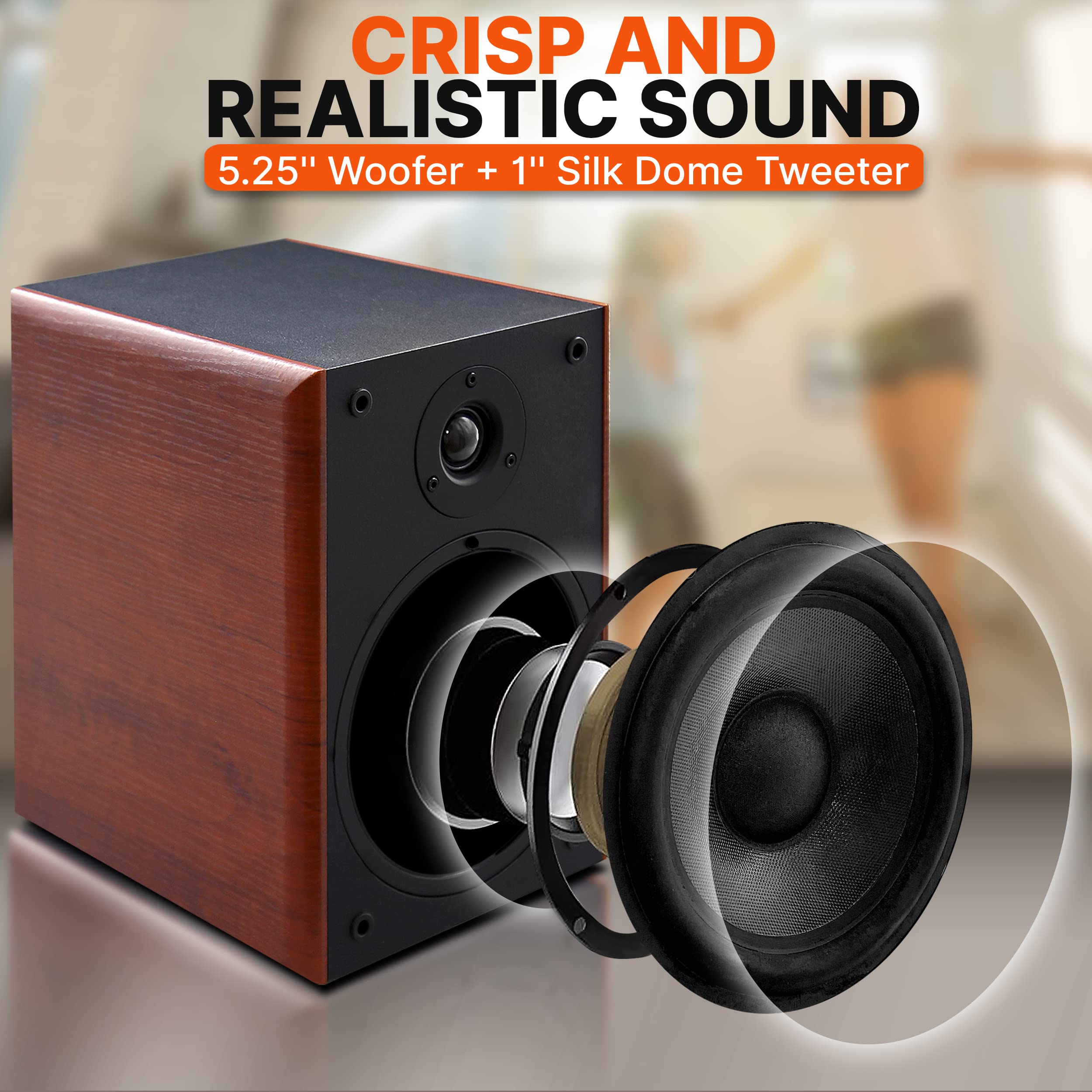 PyleUsa 5.25" Home Wooden Bookshelf Speakers, 200W Max Power, 1" Silk Dome Tweeter and Aluminum Voice Coils, Pair, Gold Plated 5 Way Binding Post,Rubber Surrounds,Beautiful Wood Grain Finish- PHQBS52