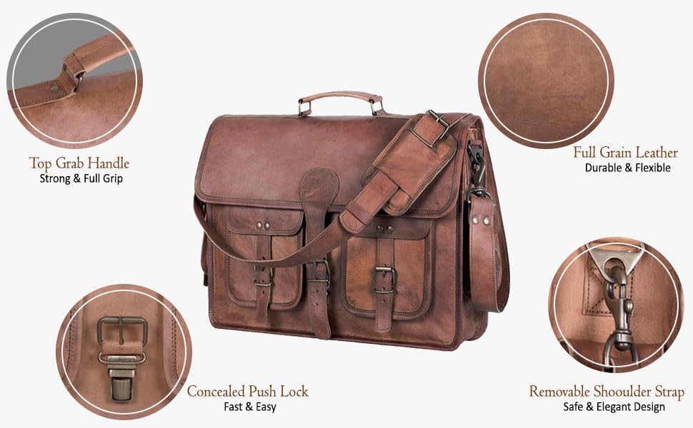 KPL 18 INCH Leather Briefcase Laptop Messenger bag best computer satchel Handmade Bags for men and women
