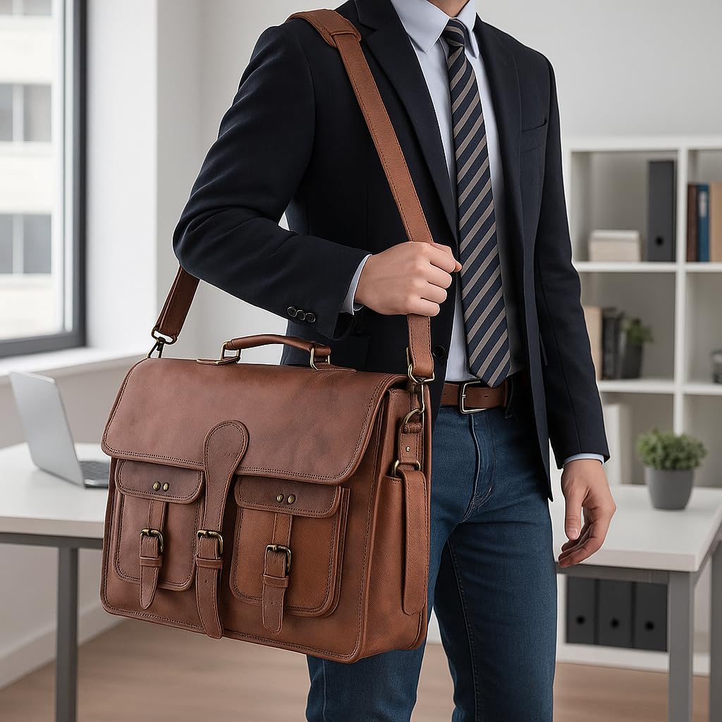 KPL 18 INCH Leather Briefcase Laptop Messenger bag best computer satchel Handmade Bags for men and women