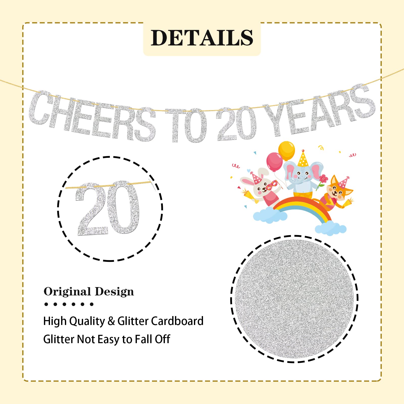 Cheers to 20 Years Banner - Happy 20th Birthday Party Bunting Sign - 20th Wedding Anniversary Decorations Supplies - Silver