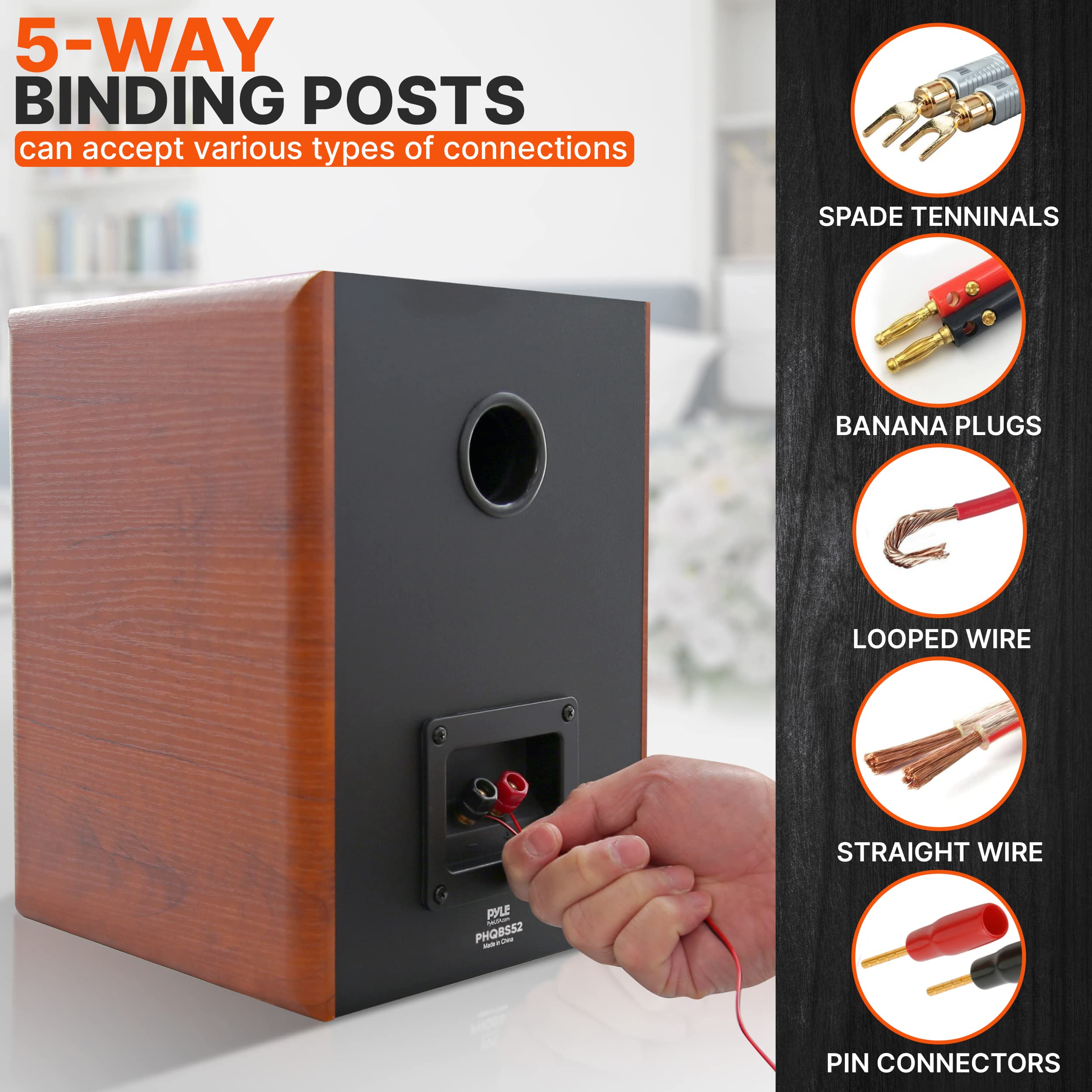PyleUsa 5.25" Home Wooden Bookshelf Speakers, 200W Max Power, 1" Silk Dome Tweeter and Aluminum Voice Coils, Pair, Gold Plated 5 Way Binding Post,Rubber Surrounds,Beautiful Wood Grain Finish- PHQBS52