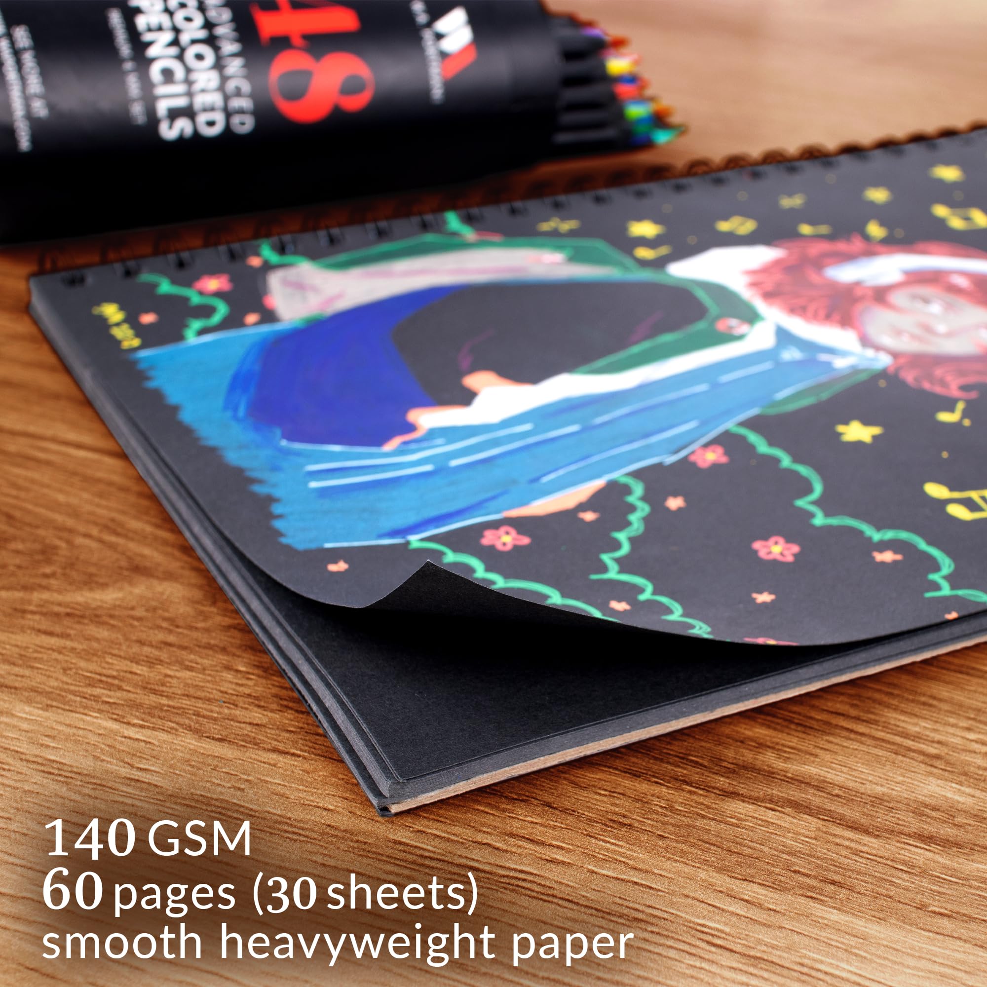 WA Portman Black Paper Sketchbook - A4 (8.3" x 11.7") Black Drawing Paper - 60 Pages (30 Sheets) Journal - Sketchbook Notebook for Gel Pens
