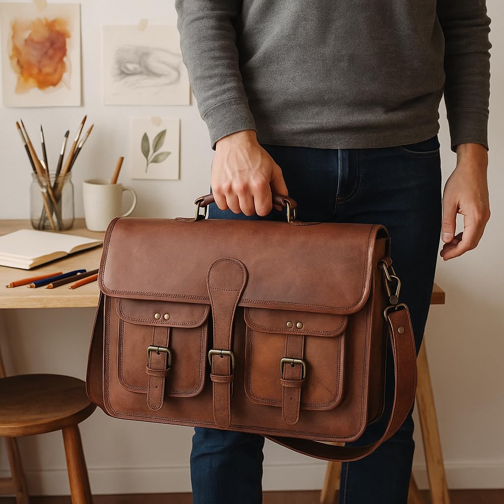 KPL 18 INCH Leather Briefcase Laptop Messenger bag best computer satchel Handmade Bags for men and women