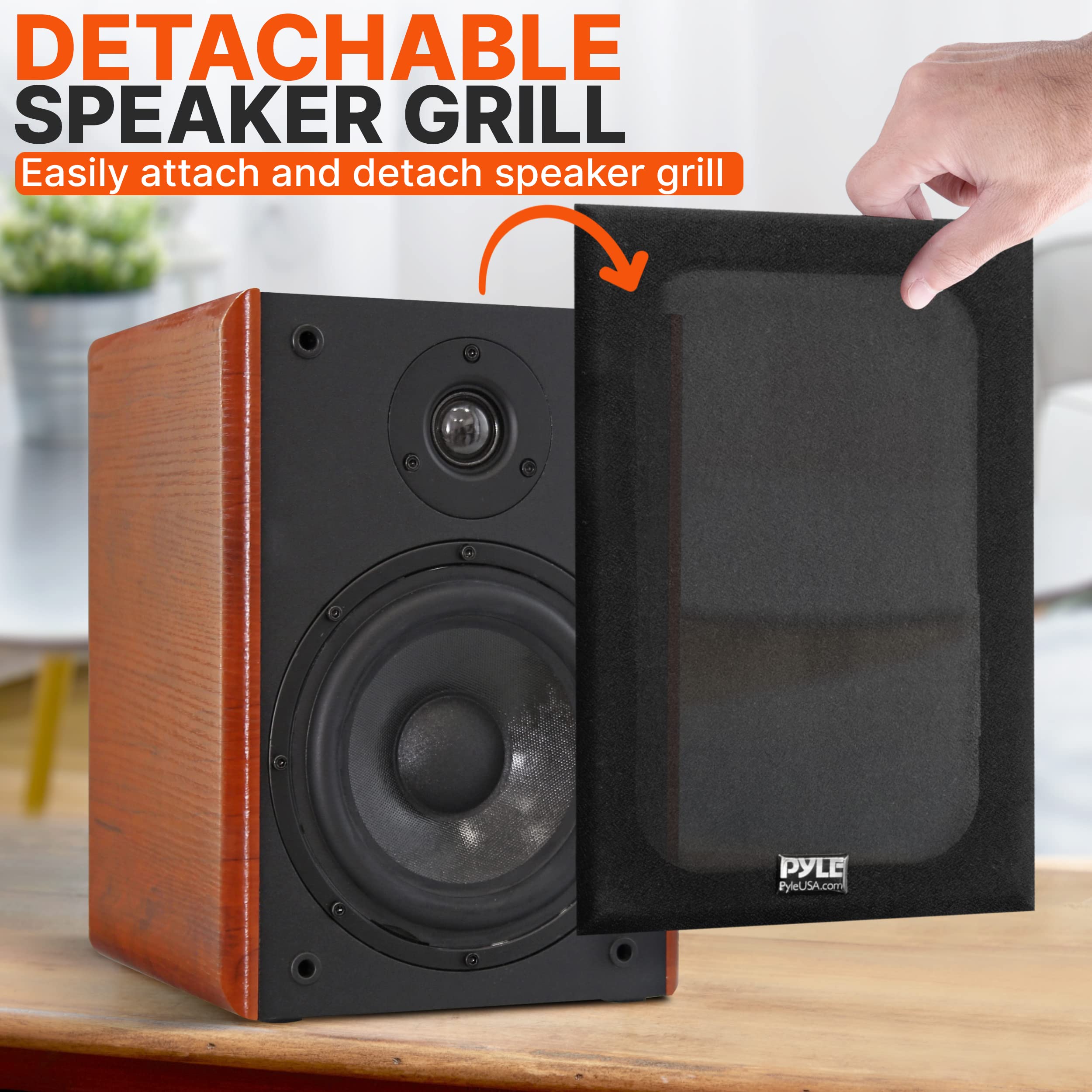 PyleUsa 5.25" Home Wooden Bookshelf Speakers, 200W Max Power, 1" Silk Dome Tweeter and Aluminum Voice Coils, Pair, Gold Plated 5 Way Binding Post,Rubber Surrounds,Beautiful Wood Grain Finish- PHQBS52