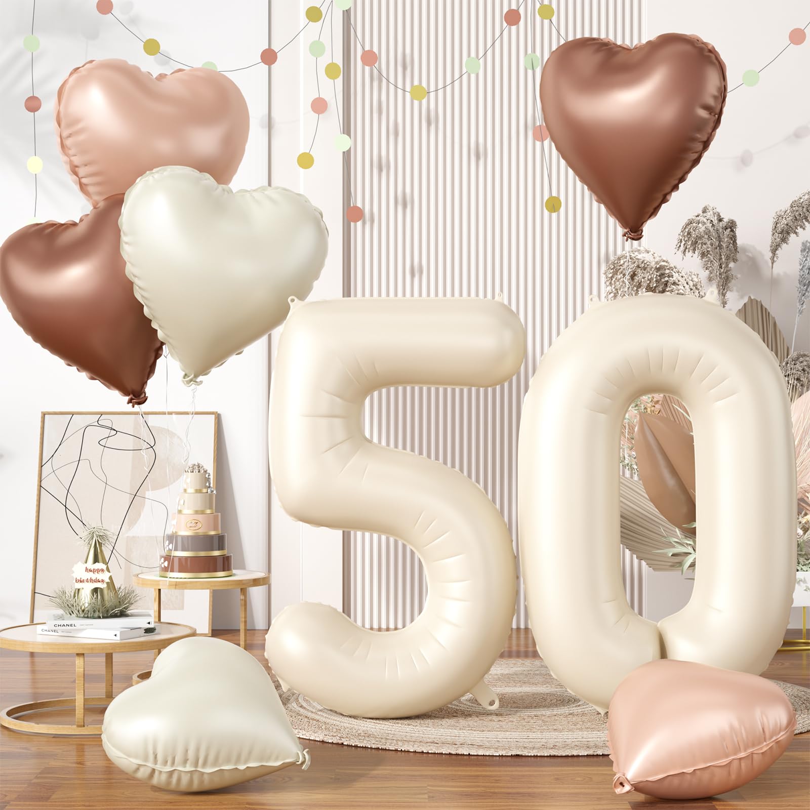 Biapian 40 Inch Cream Number 50 Balloons, 8PCS Large Foil Number 5 & 0 Balloons with 18'' Cream White Heart Balloon for 50th Year Old Birthday Decorations Men Women Wedding Anniversary Party Supplies