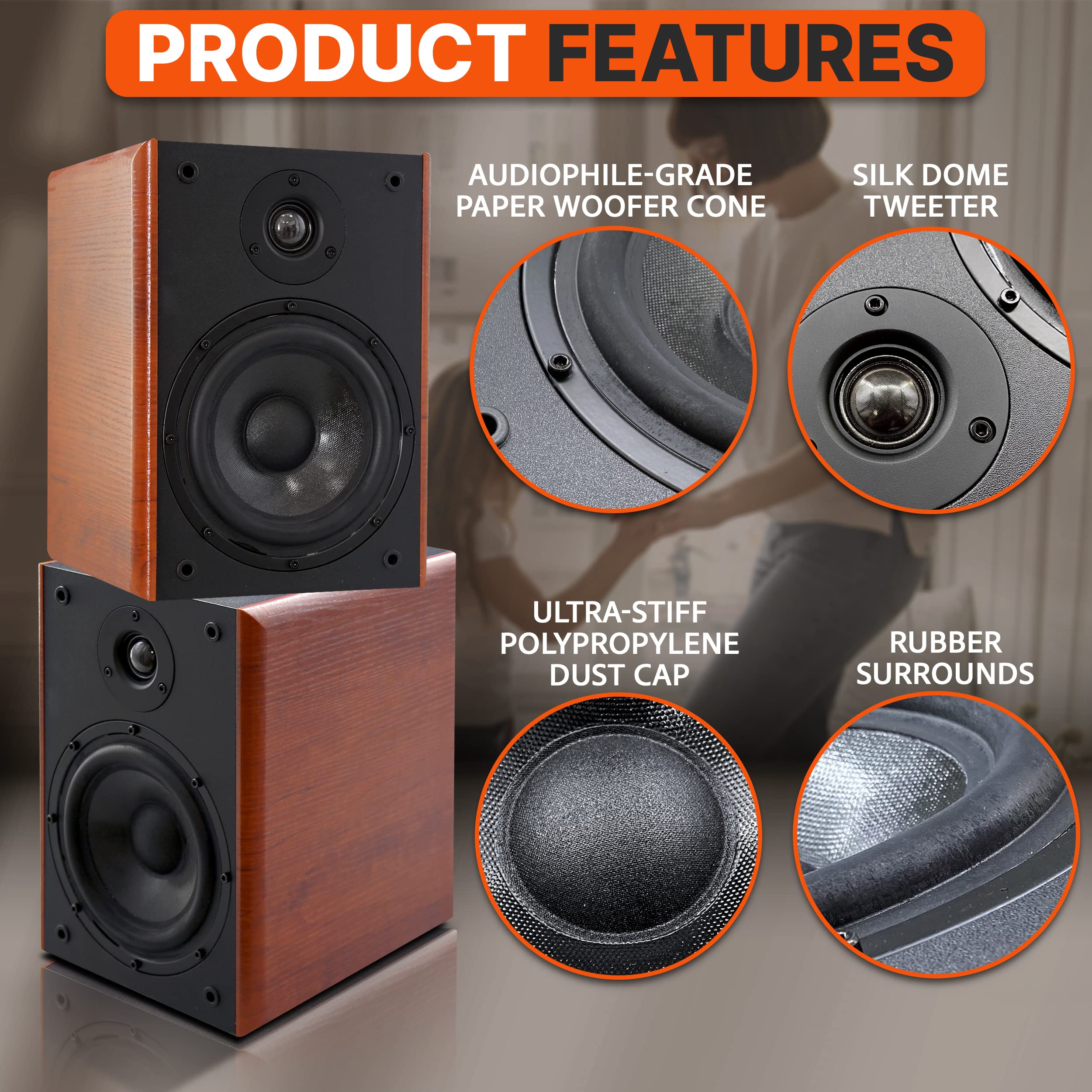 PyleUsa 5.25" Home Wooden Bookshelf Speakers, 200W Max Power, 1" Silk Dome Tweeter and Aluminum Voice Coils, Pair, Gold Plated 5 Way Binding Post,Rubber Surrounds,Beautiful Wood Grain Finish- PHQBS52