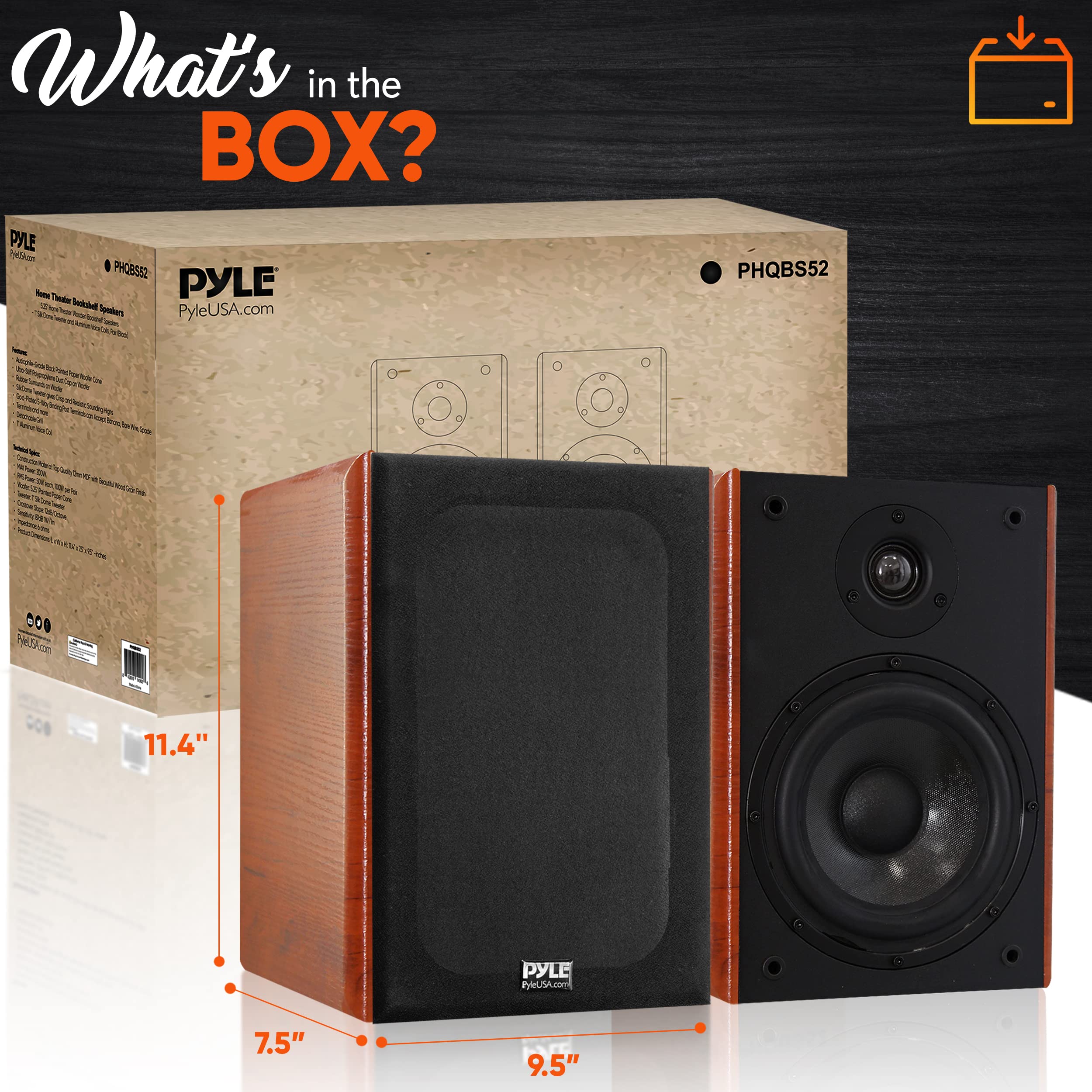 PyleUsa 5.25" Home Wooden Bookshelf Speakers, 200W Max Power, 1" Silk Dome Tweeter and Aluminum Voice Coils, Pair, Gold Plated 5 Way Binding Post,Rubber Surrounds,Beautiful Wood Grain Finish- PHQBS52