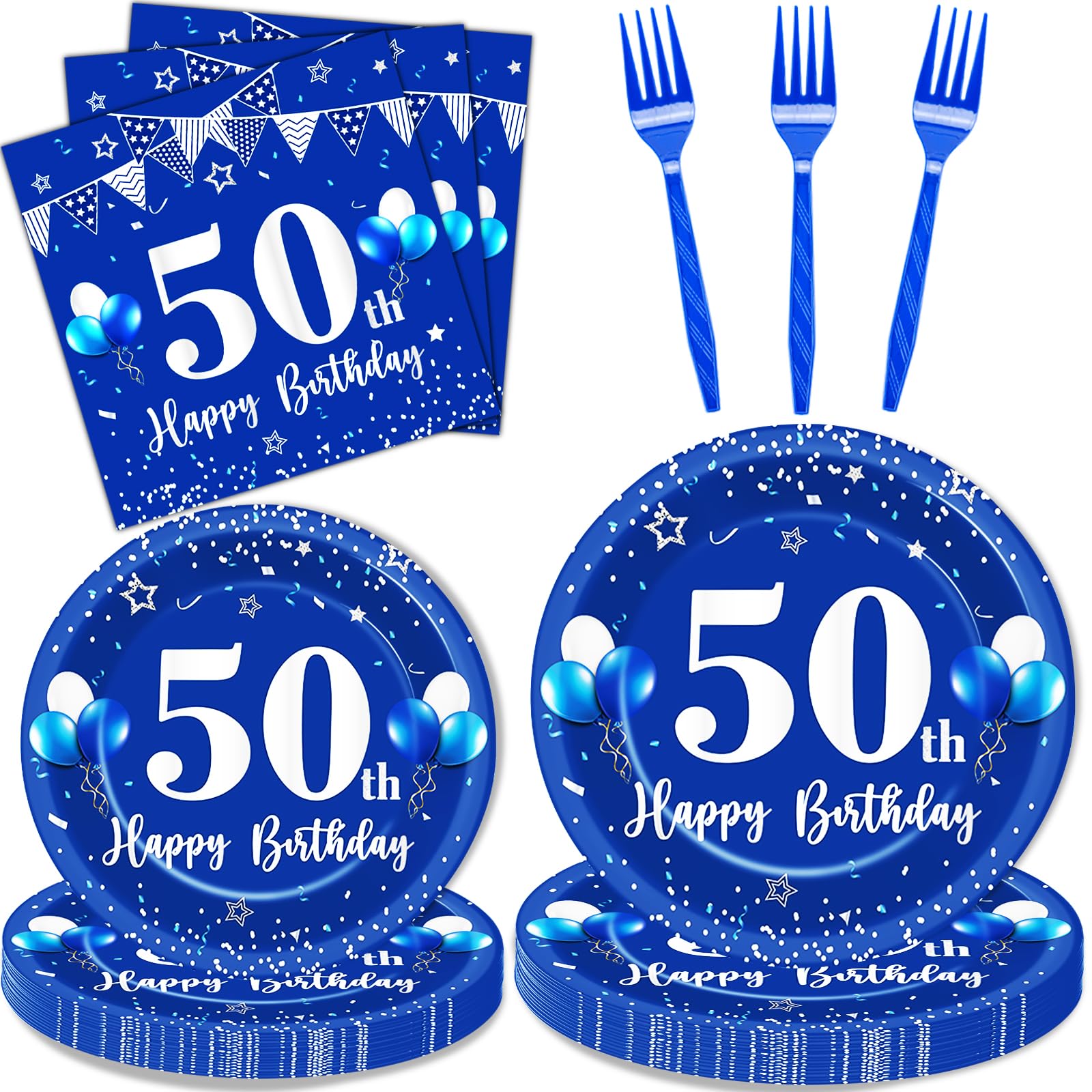 100 Pieces 50th Birthday Party Plates Napkins Blue and Silver Birthday Tableware Blue and Silver 50th Happy Birthday Dinnerware Dinner Dessert Plates Napkins for Blue Birthday Party Supplies Serve 25