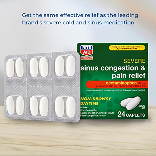 Rite Aid Daytime Severe Sinus Congestion & Pain Relief - Acetaminophen, 325 mg - 24 Caplets | Multi-Symptom Non-Drowsy | Sinus Relief | Cold and Flu Medicine | Severe Cold & Sinus Medicine for Adults