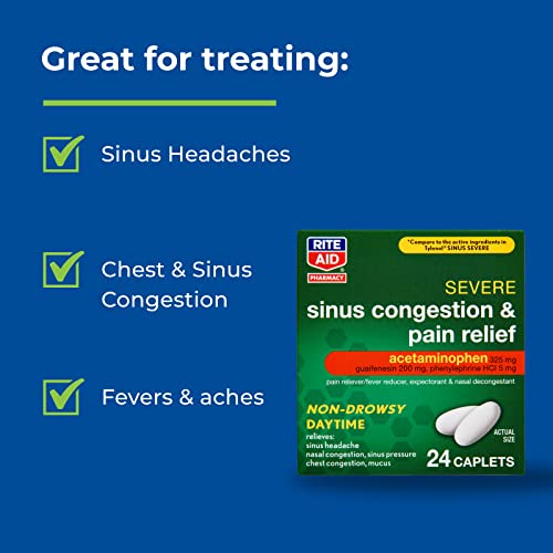 Rite Aid Daytime Severe Sinus Congestion & Pain Relief - Acetaminophen, 325 mg - 24 Caplets | Multi-Symptom Non-Drowsy | Sinus Relief | Cold and Flu Medicine | Severe Cold & Sinus Medicine for Adults