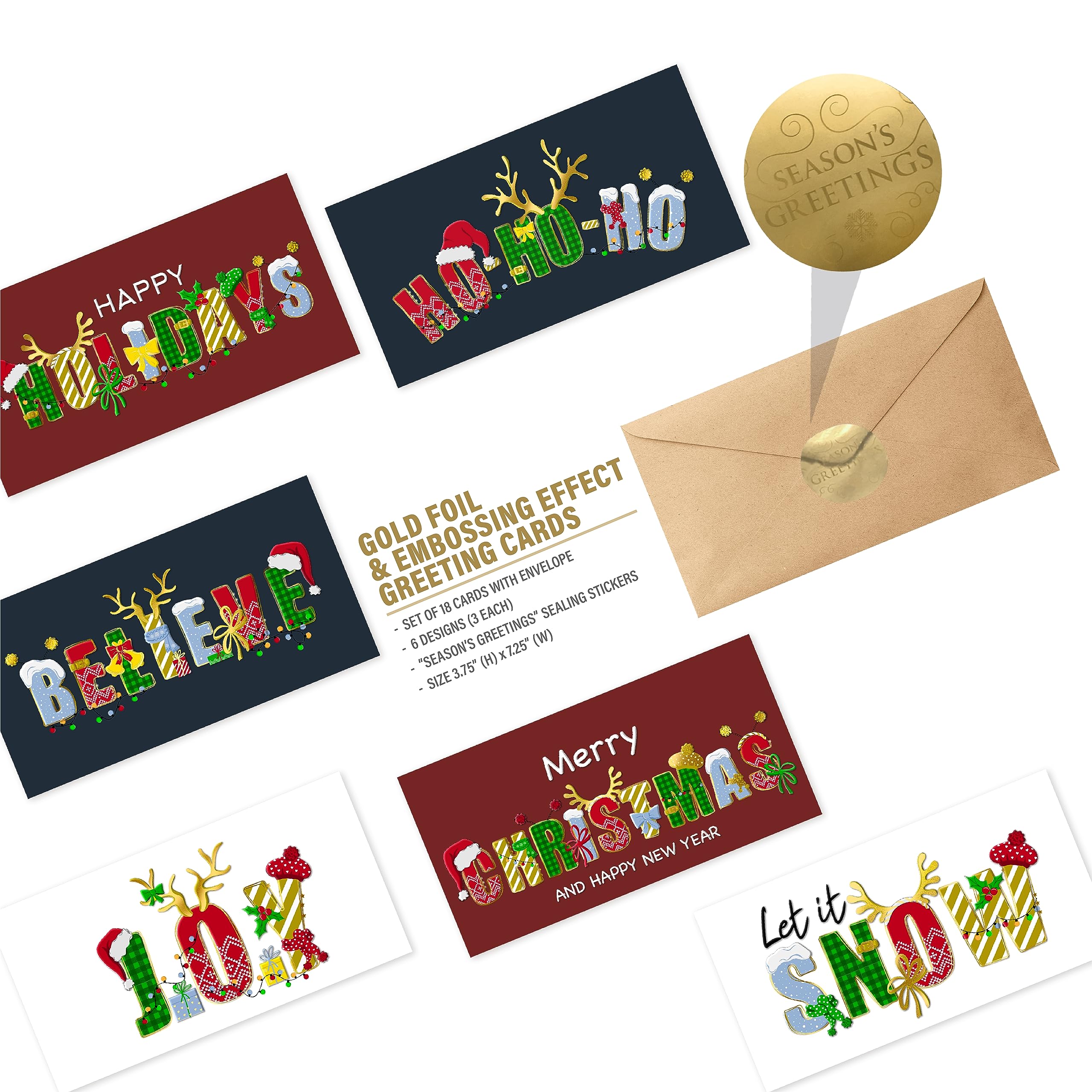 easykart labels 18 Christmas Cards Assortment with Envelopes & Sealing Stickers,Holiday Theme 6 Designs with Foiling & Emboss Effect,7.25" x 3.75" For Friends, Family and loved Ones