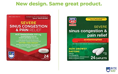 Rite Aid Daytime Severe Sinus Congestion & Pain Relief - Acetaminophen, 325 mg - 24 Caplets | Multi-Symptom Non-Drowsy | Sinus Relief | Cold and Flu Medicine | Severe Cold & Sinus Medicine for Adults
