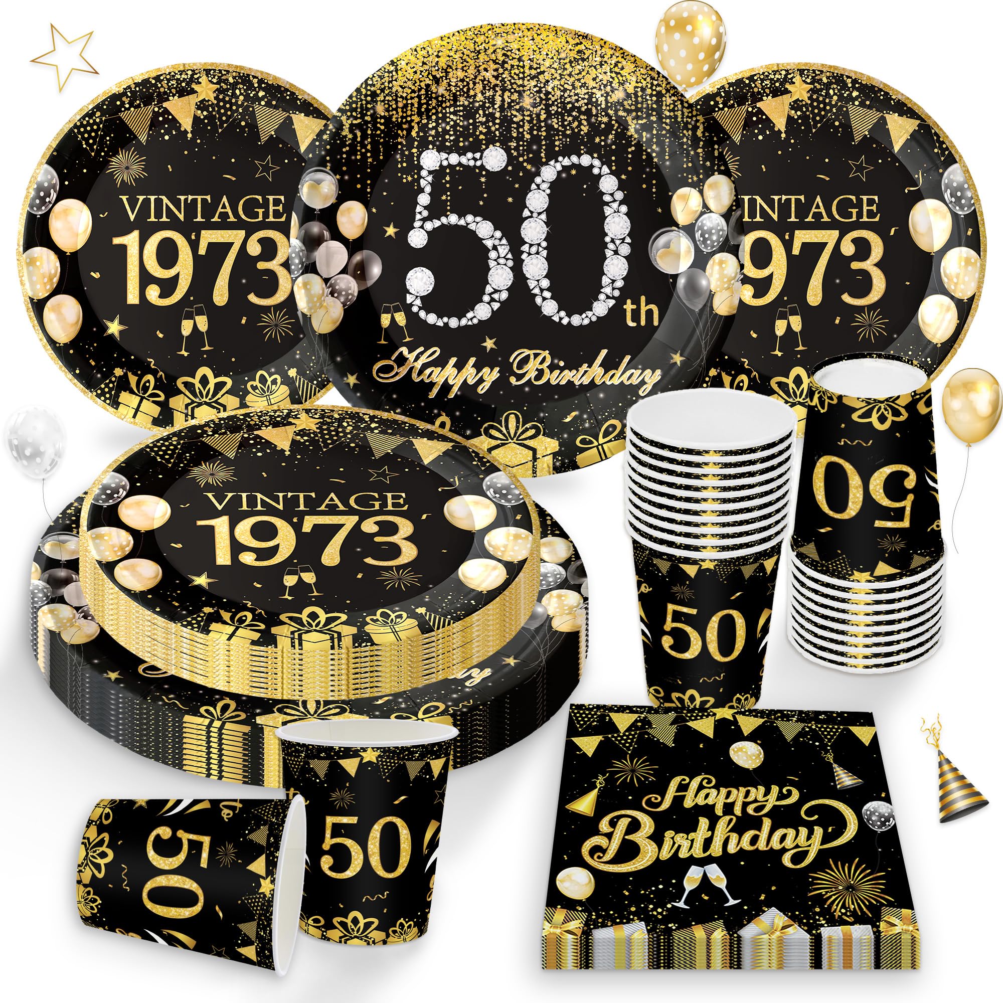 Oigco 50th Birthday Party Decor Tableware Vintage 1973 Party Supplies 50 Year Old Birthday Party Decorations Plates Napkins Cups Black Gold Dinnerware Favors for Men Women Sever 24 Guests