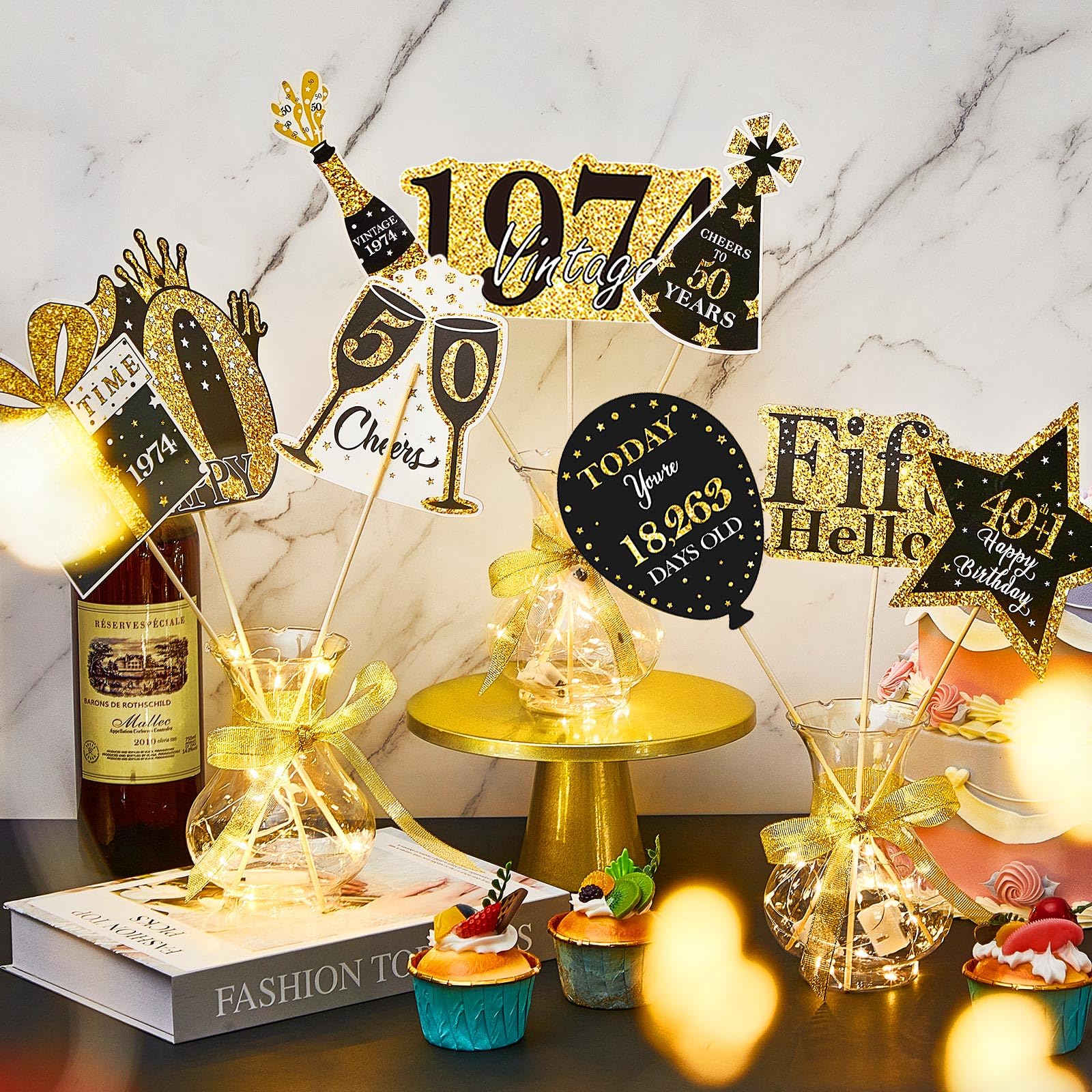 Yeaqee 31 Pcs Sets 50th 60th 70th Birthday Party Decorations Birthday Table Centerpiece Black and Gold Centerpieces for Tables Birthday Sticks Table Toppers with LED Lights Plastic Jar Ribbon(50th)