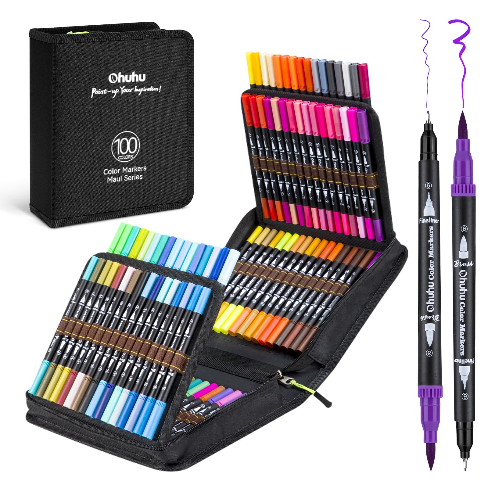 Ohuhu Markers for Adult Coloring Books: 100 Colors Brush Pens Dual Brush Fine Tip Drawing Pens Water-Based Coloring Markers for Calligraphy Bullet Journal with Carrying Case - Maui - Black