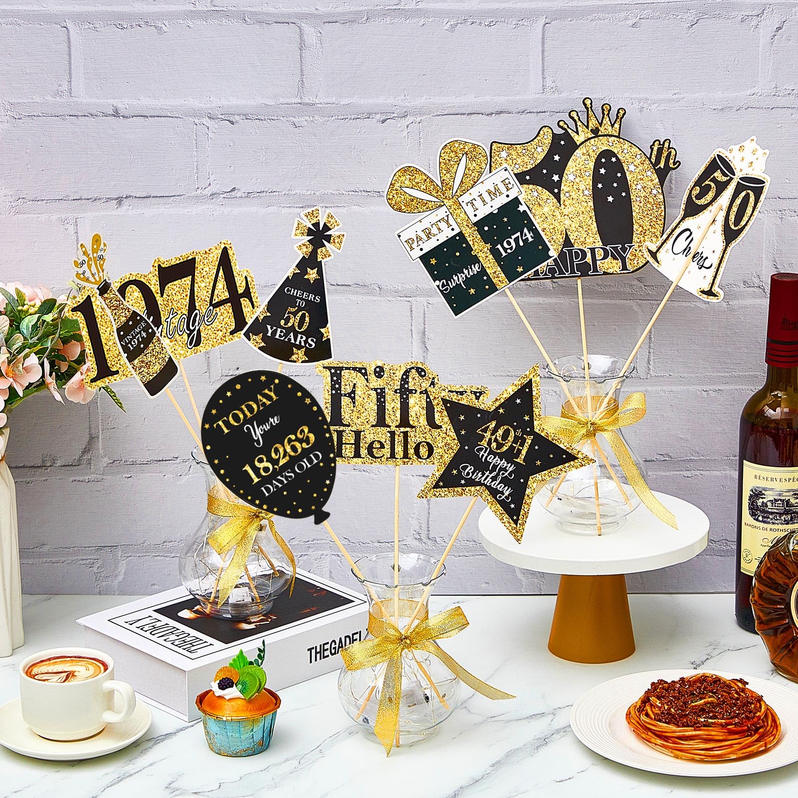 Yeaqee 31 Pcs Sets 50th 60th 70th Birthday Party Decorations Birthday Table Centerpiece Black and Gold Centerpieces for Tables Birthday Sticks Table Toppers with LED Lights Plastic Jar Ribbon(50th)