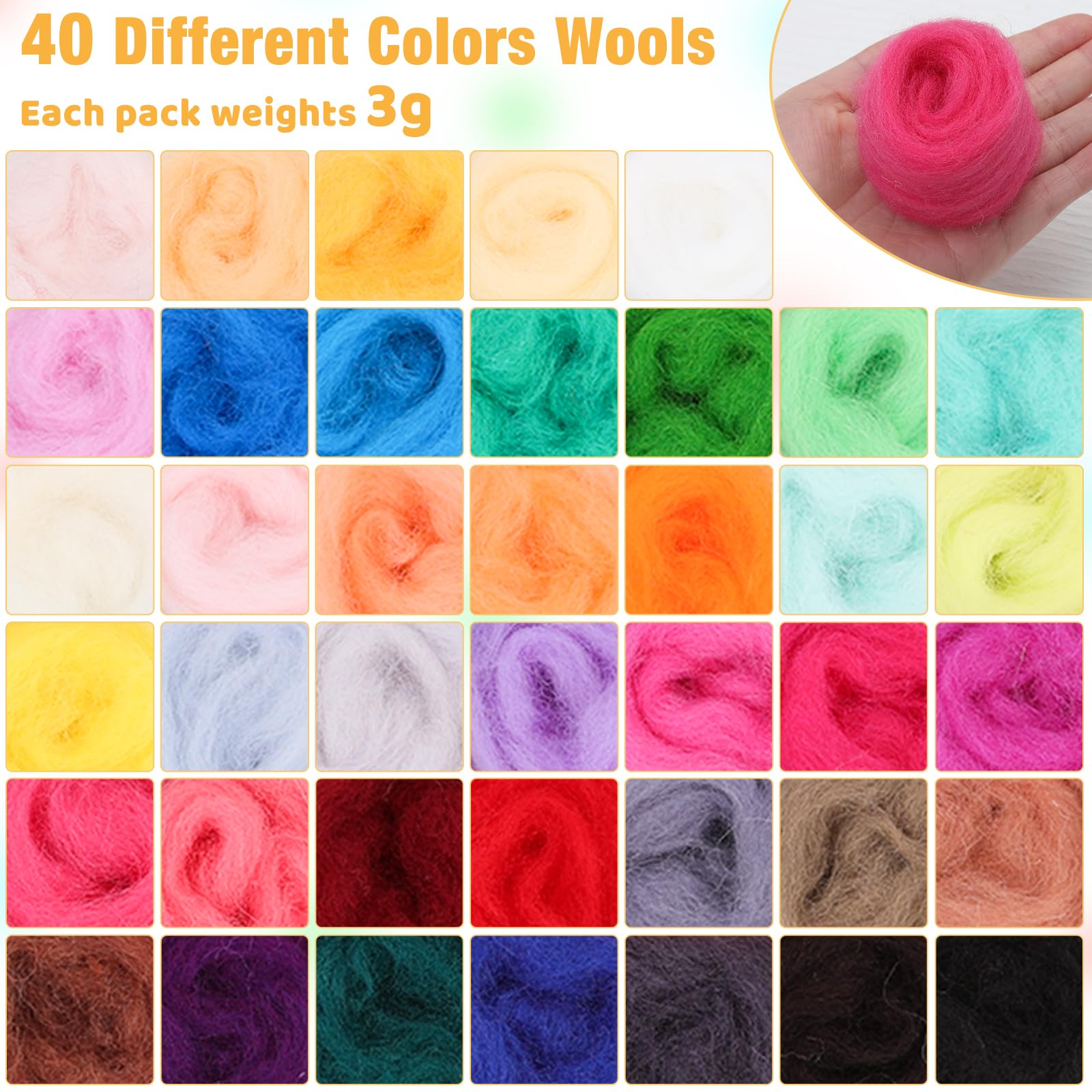 Needle Felting Kit,Wool Roving 40 Colors Set,Needle Felting Starter Kit,Wool Felt Tools with Felting Tool Instruction Included for Felted Animal Needle Felting Supplies