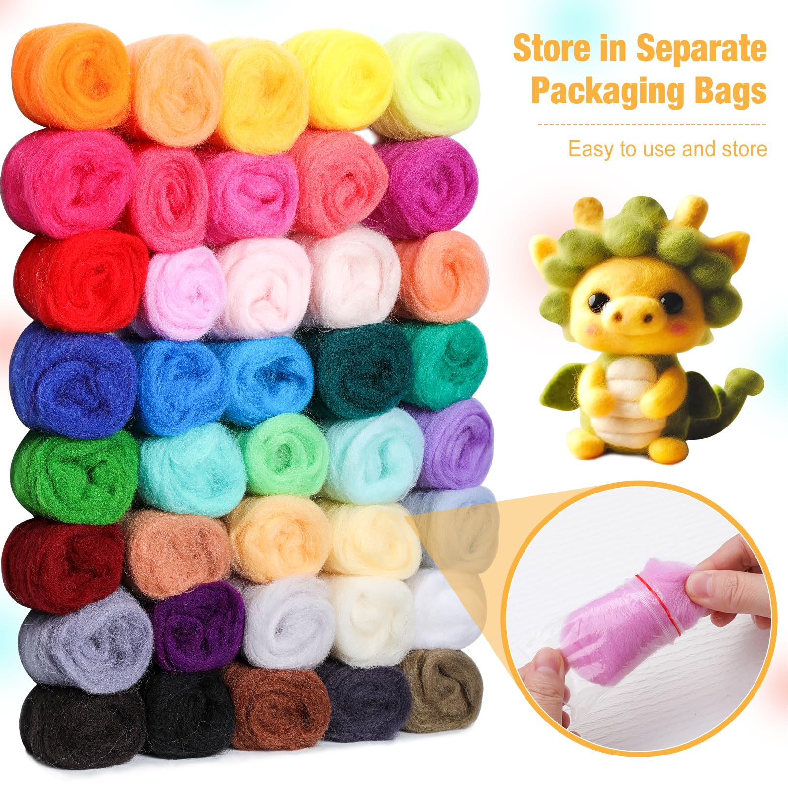 Needle Felting Kit,Wool Roving 40 Colors Set,Needle Felting Starter Kit,Wool Felt Tools with Felting Tool Instruction Included for Felted Animal Needle Felting Supplies
