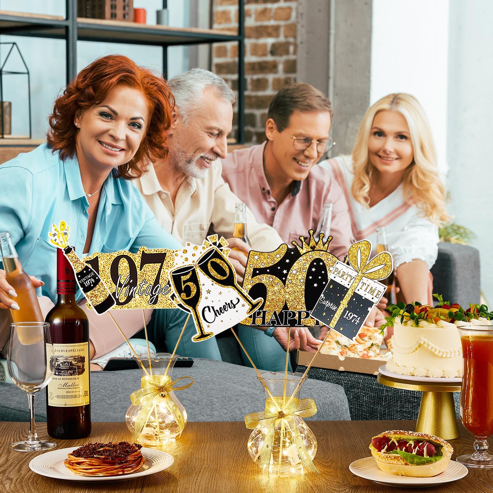 Yeaqee 31 Pcs Sets 50th 60th 70th Birthday Party Decorations Birthday Table Centerpiece Black and Gold Centerpieces for Tables Birthday Sticks Table Toppers with LED Lights Plastic Jar Ribbon(50th)
