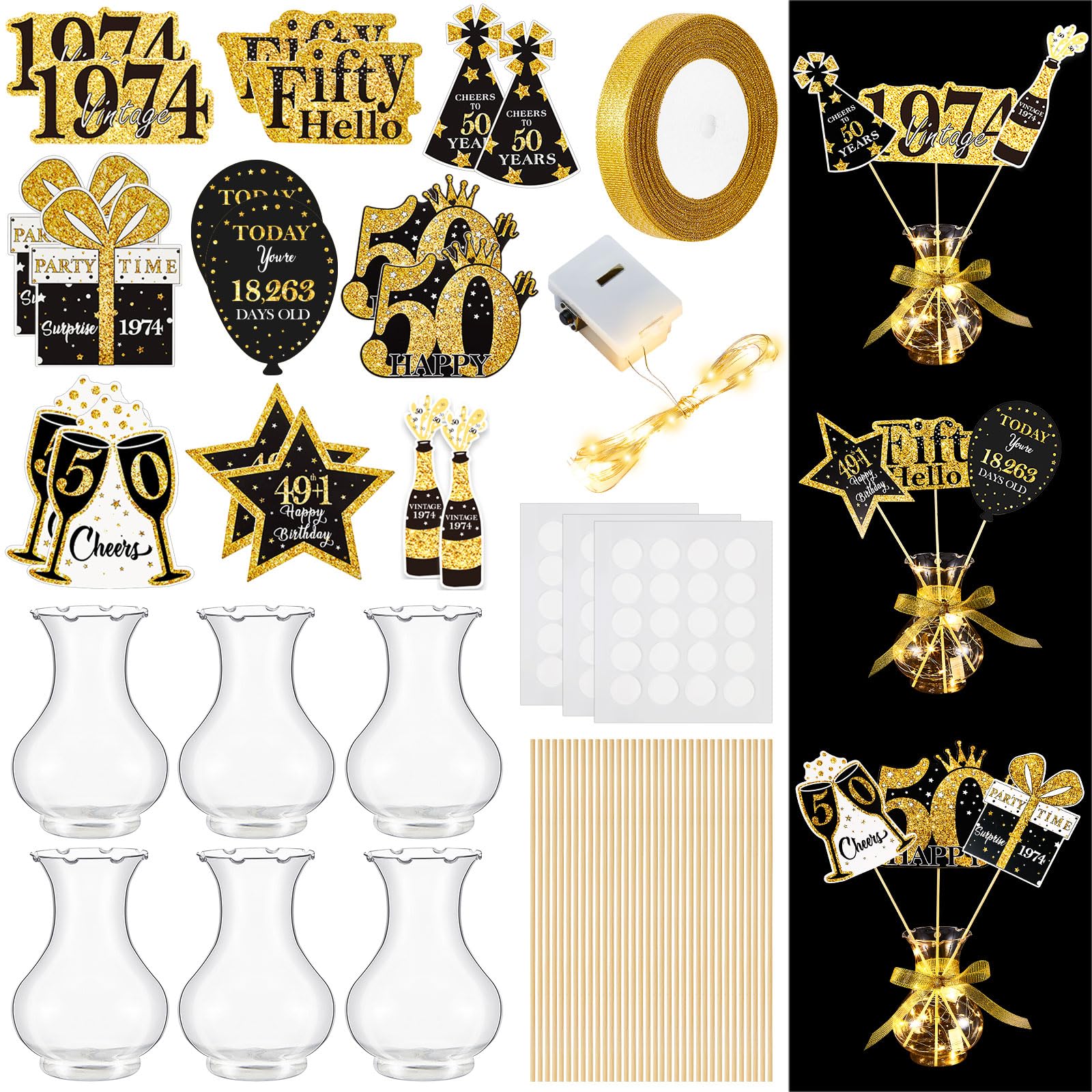 Yeaqee 31 Pcs Sets 50th 60th 70th Birthday Party Decorations Birthday Table Centerpiece Black and Gold Centerpieces for Tables Birthday Sticks Table Toppers with LED Lights Plastic Jar Ribbon(50th)