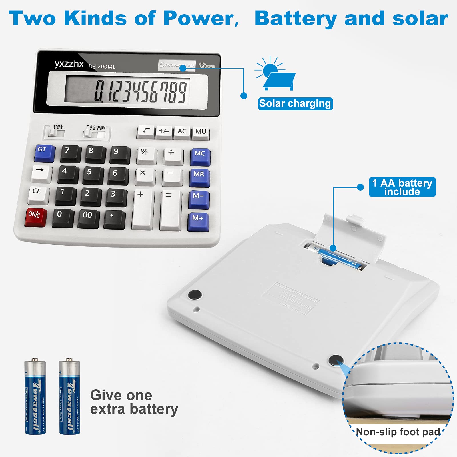 Desk Calculator 12 Digit Extra Large 4.3-Inch LCD Display, Two Way Power Battery and Solar Calculators Desktop, Big Buttons Easy to Press Used as Office Calculators for Desk