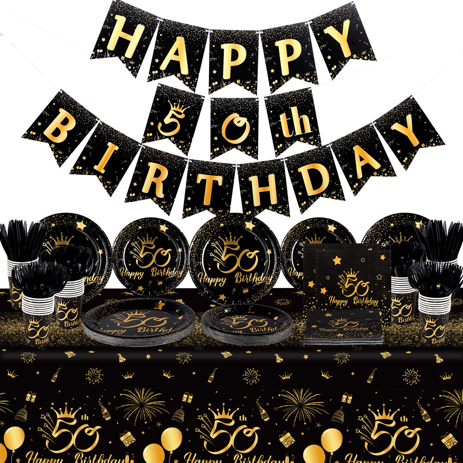 TaoBary 170 Pieces 50th Birthday Party Supplies Disposable Dinnerware Set with Plates Napkins Cups Banner 50th Birthday Tablecloth Black and Gold Party Decoration for Men and Women, Serves 24