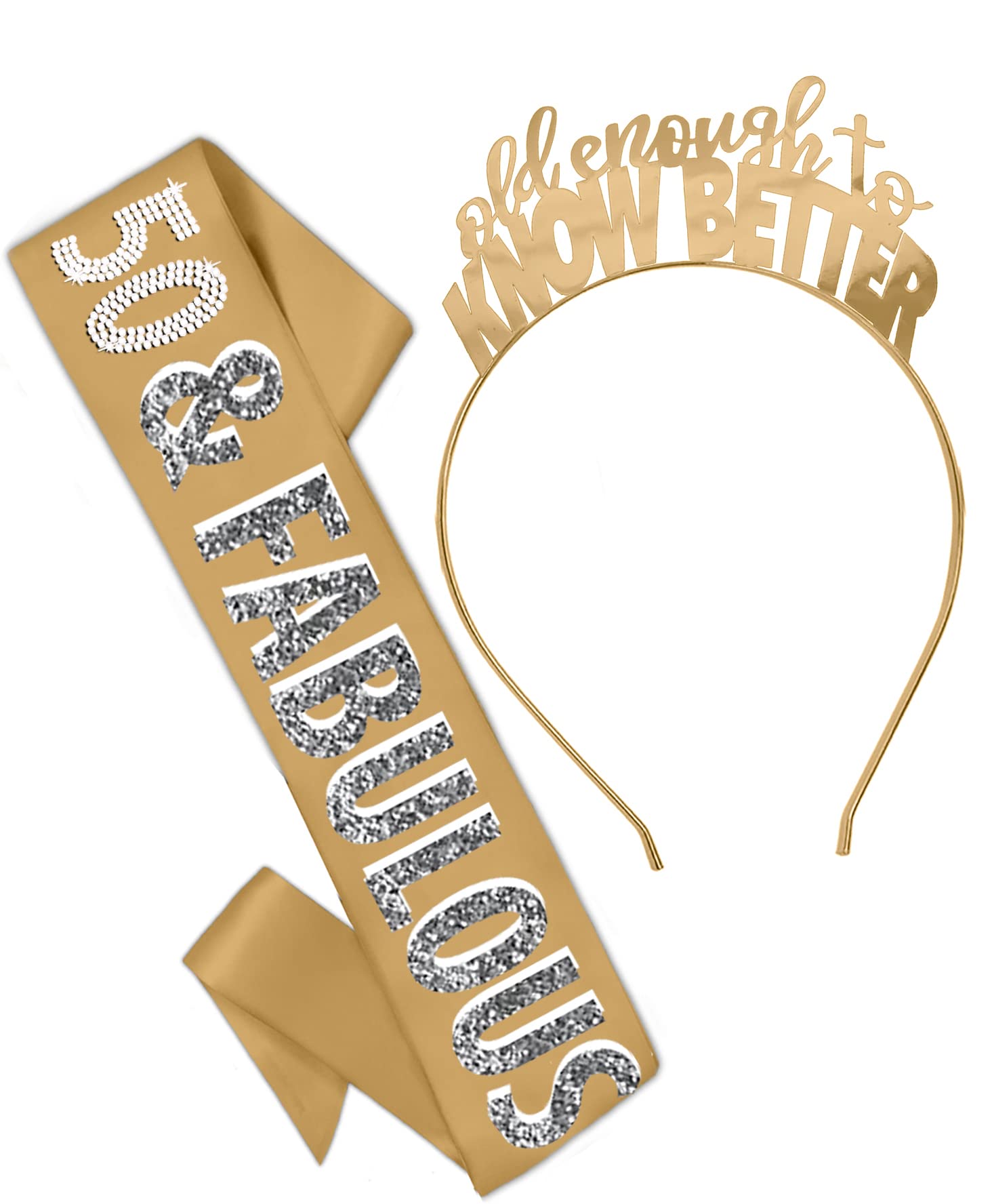 RhinestoneSash 50 & Fabulous Gold Sparkle Sash & Gold Old Enough to Know Better Headband Tiara - 50th Birthday Gift Set Supplies Premium Quality Satin – Gold GSet(50&Fab Headband/Sash) GLD