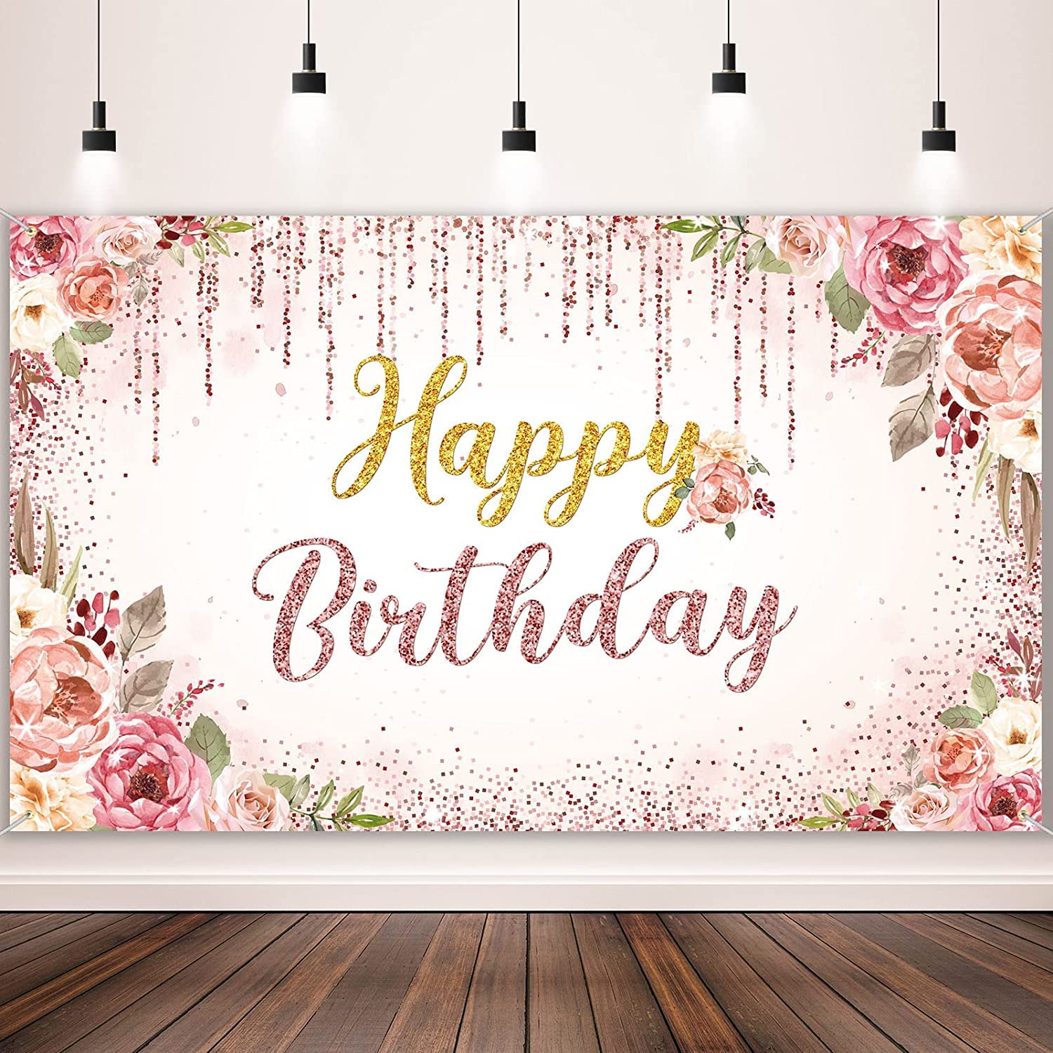 Rose Gold Happy Birthday Backdrop for Girls Women Happy Birthday Party Photography Background Decoration Photoshoot Banner (6.1 x 3.6ft)