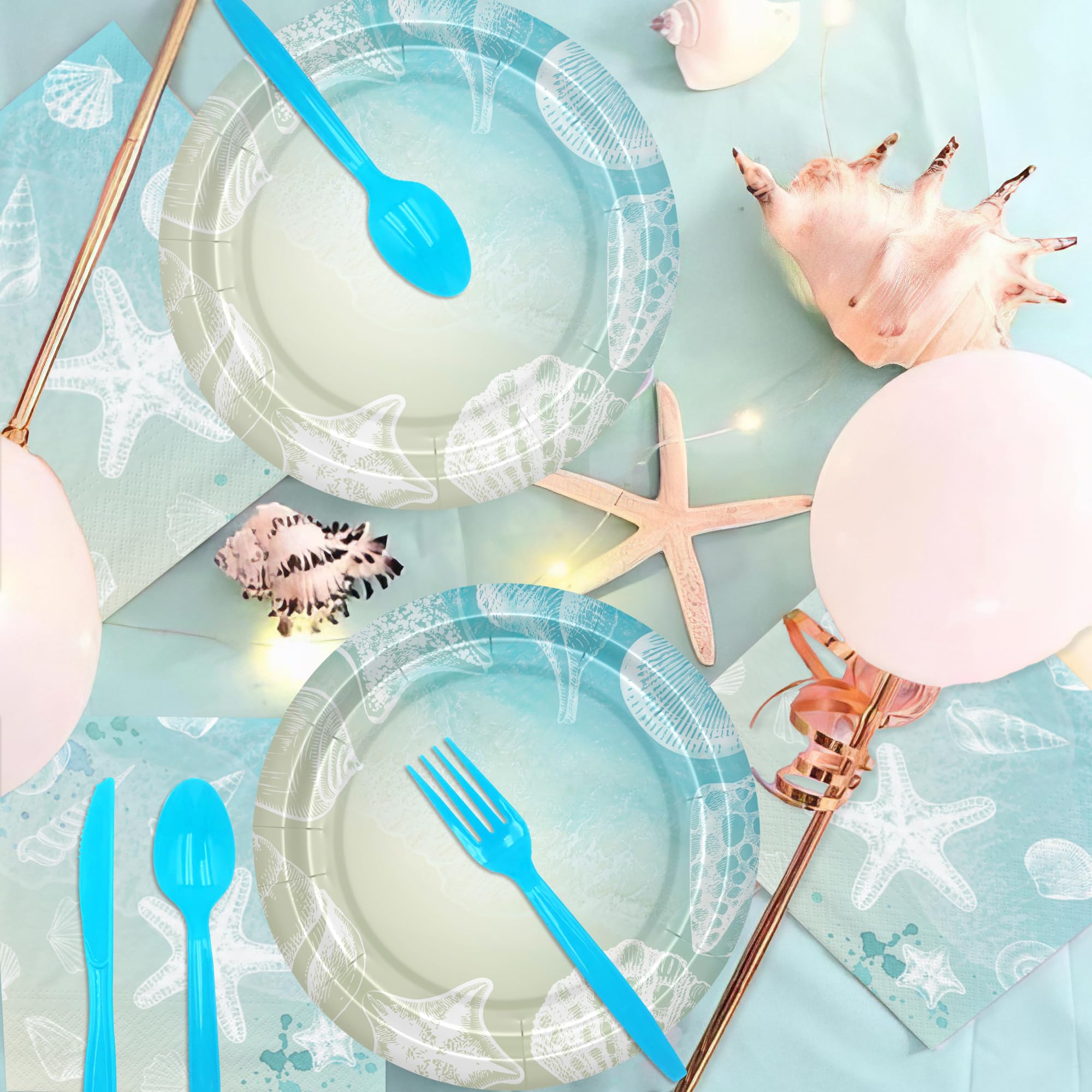 HIPVVILD Seashell Beach Party Supplies, Beach Seashell Theme Table Decorations, Shell Plate, Napkin, Tablecloth, Fork, Ocean Sea Shell Party Tableware For Birthday Baby Shower Wedding Party | Serve 24