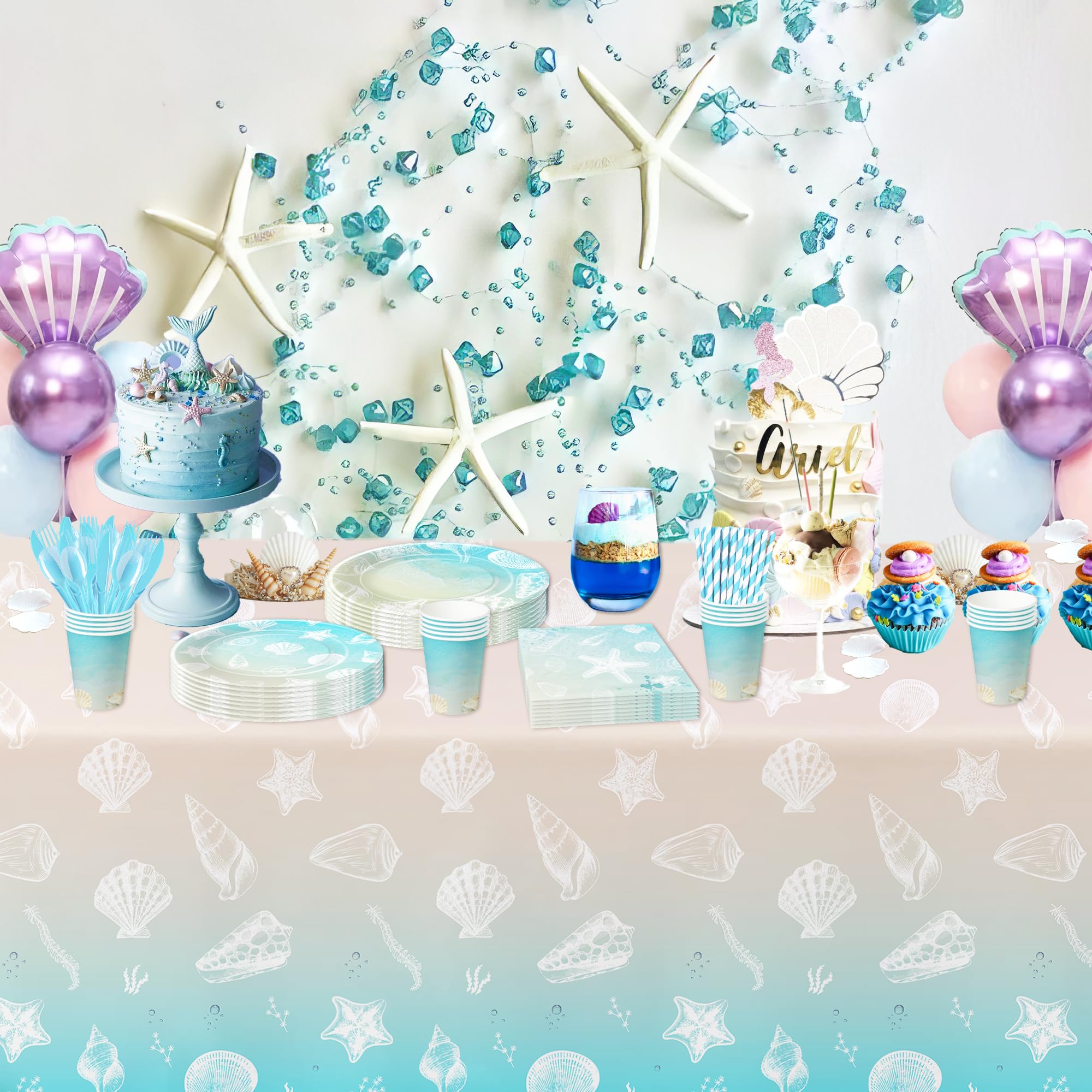 HIPVVILD Seashell Beach Party Supplies, Beach Seashell Theme Table Decorations, Shell Plate, Napkin, Tablecloth, Fork, Ocean Sea Shell Party Tableware For Birthday Baby Shower Wedding Party | Serve 24