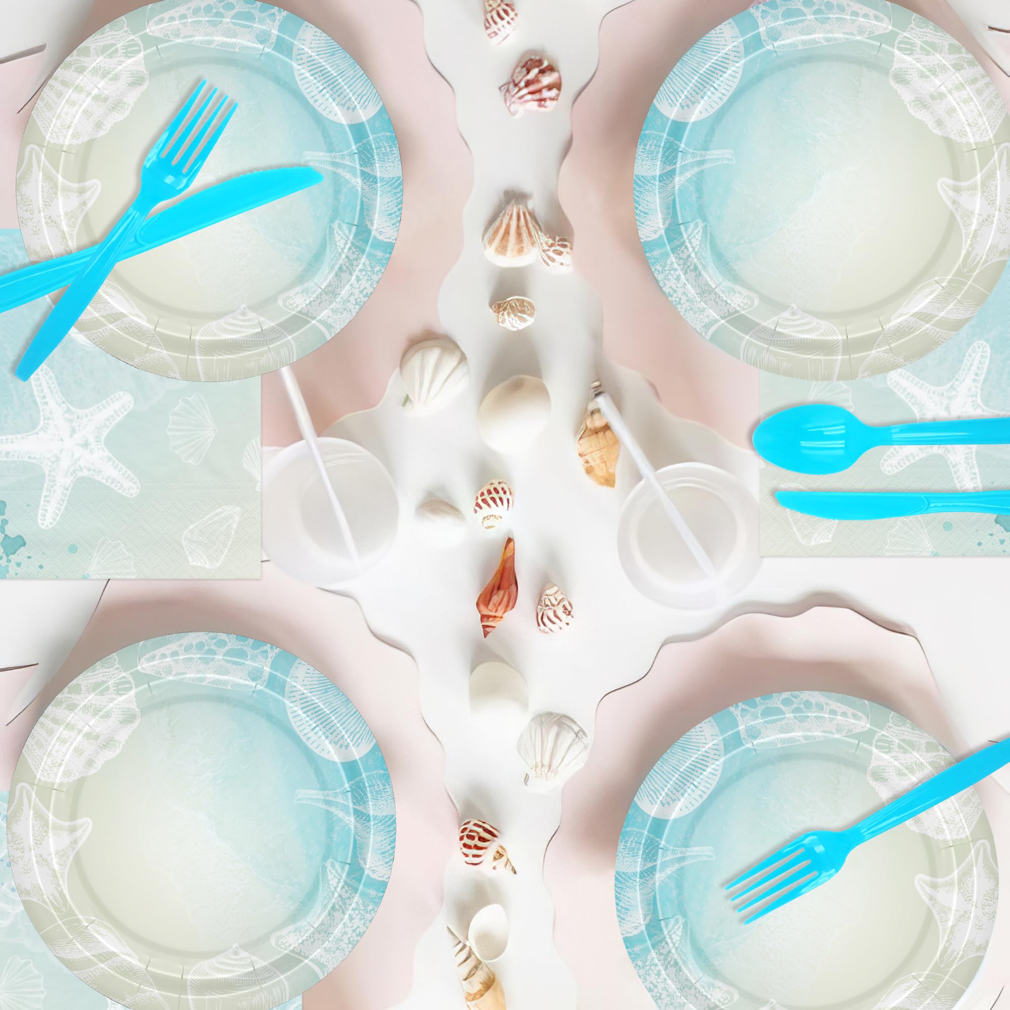 HIPVVILD Seashell Beach Party Supplies, Beach Seashell Theme Table Decorations, Shell Plate, Napkin, Tablecloth, Fork, Ocean Sea Shell Party Tableware For Birthday Baby Shower Wedding Party | Serve 24
