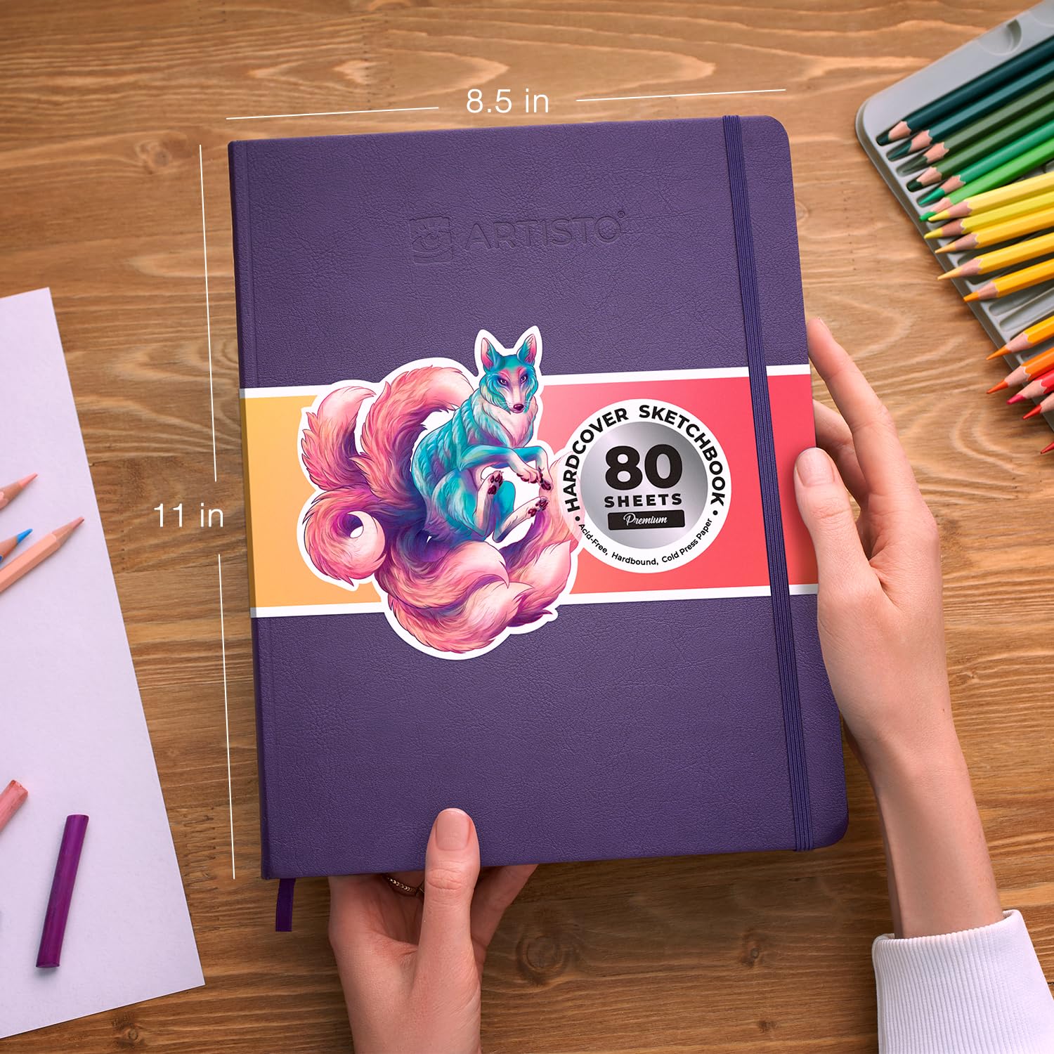 ARTISTO 8.5x11 Premium Hardcover Sketchbook - 80 Sheets (125 GSM), Acid-Free Drawing Paper, Hardbound Sketch Pad with Inner Pocket, Elastic Closure, and Bookmark Ribbon.