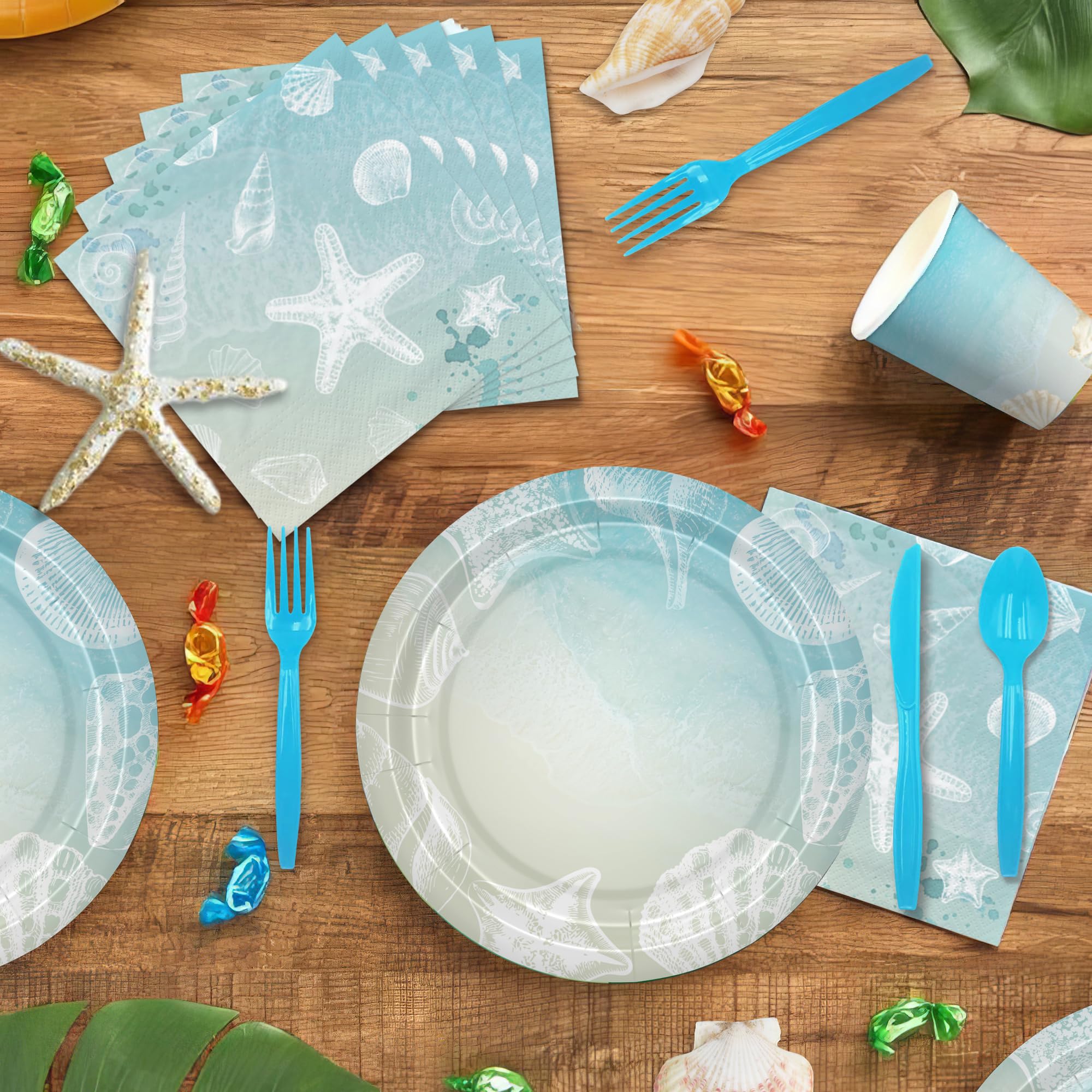 HIPVVILD Seashell Beach Party Supplies, Beach Seashell Theme Table Decorations, Shell Plate, Napkin, Tablecloth, Fork, Ocean Sea Shell Party Tableware For Birthday Baby Shower Wedding Party | Serve 24