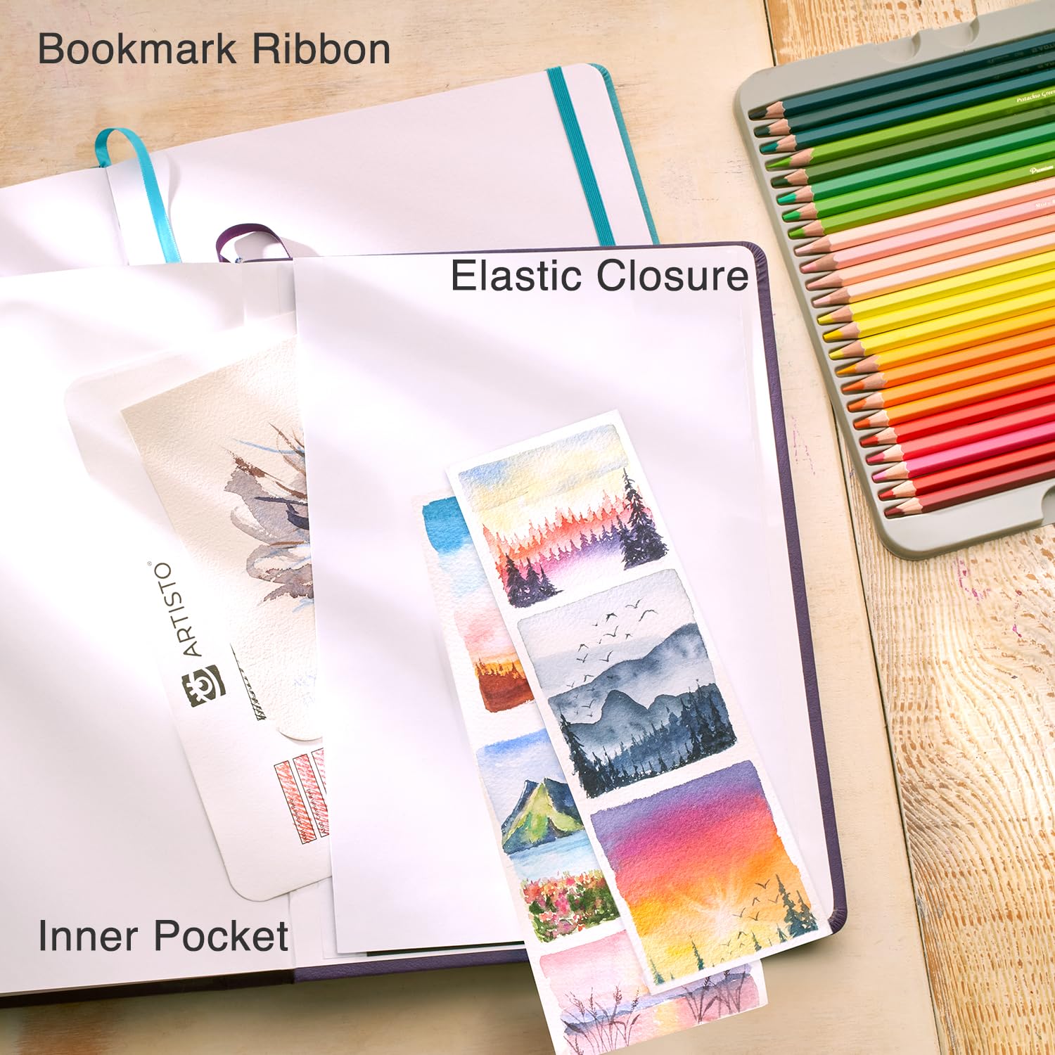 ARTISTO 8.5x11 Premium Hardcover Sketchbook - 80 Sheets (125 GSM), Acid-Free Drawing Paper, Hardbound Sketch Pad with Inner Pocket, Elastic Closure, and Bookmark Ribbon.