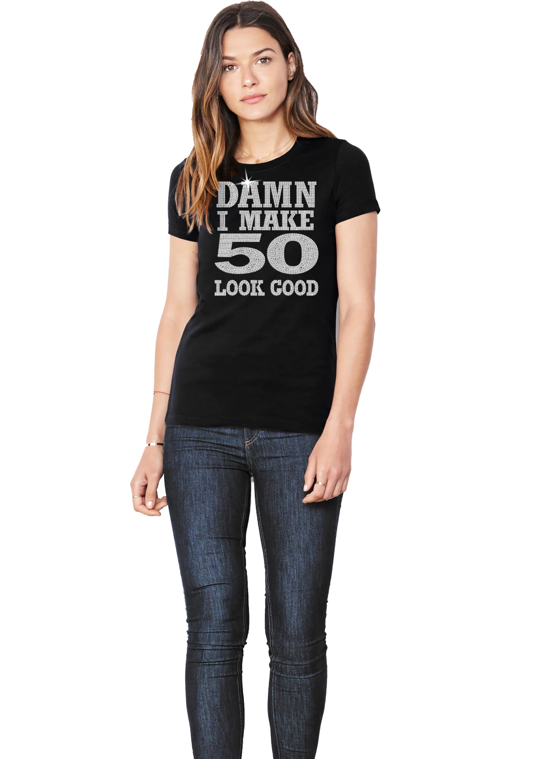 50th Birthday Party Shirt - Real Rhinestone Bold Damn, I Make 50 Look Good T-Shirt - 50th Birthday Party Supplies - Medium - Black Tee(Damn50) Blk/Md