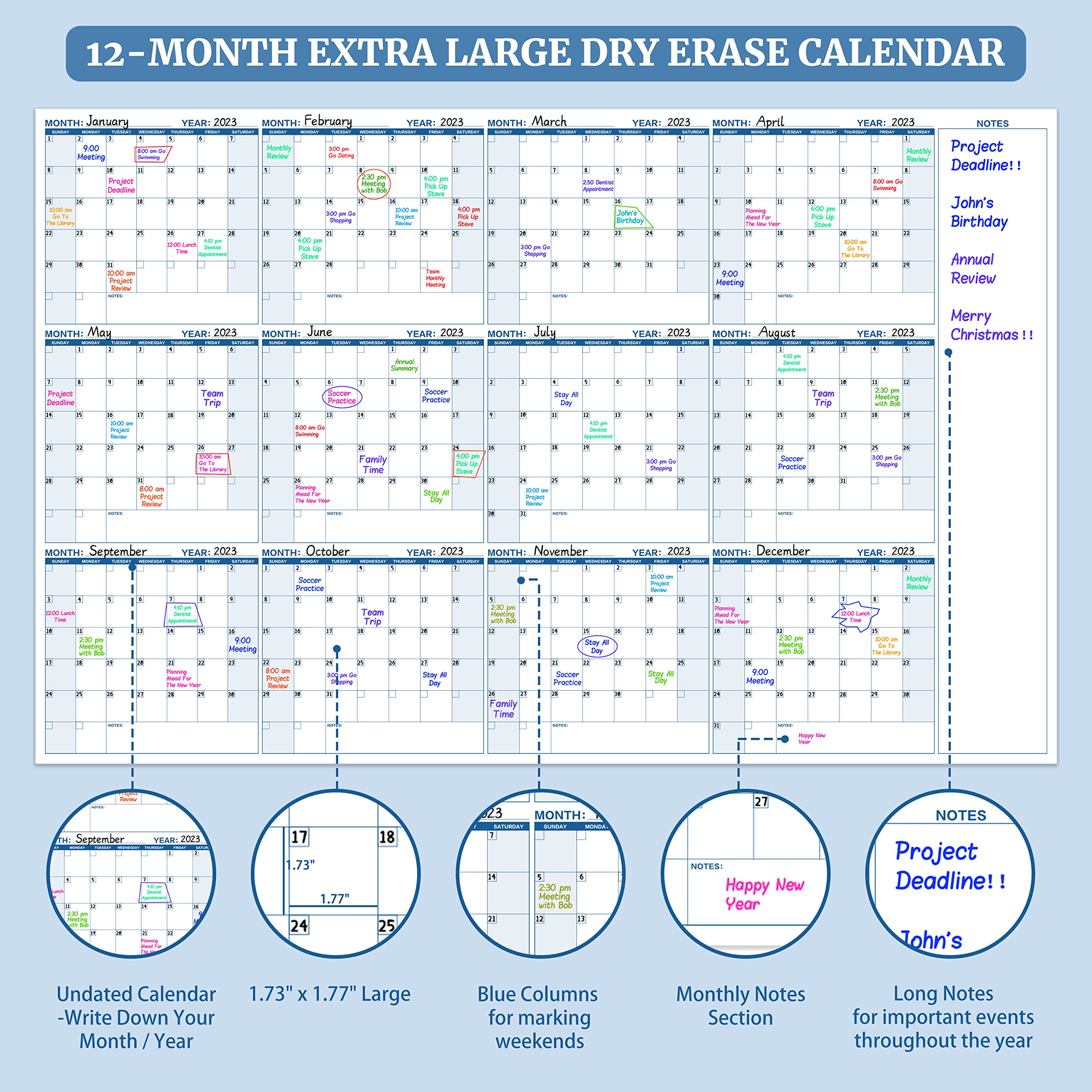 Large Dry Erase Calendar for Wall β Yearly Wall Calendar Dry Erase, 37" x 57.9", 12-Month Undated Blank Calendar Planner, Reusable Laminated Task Organizer with Note, Great for Office, Classroom, Home