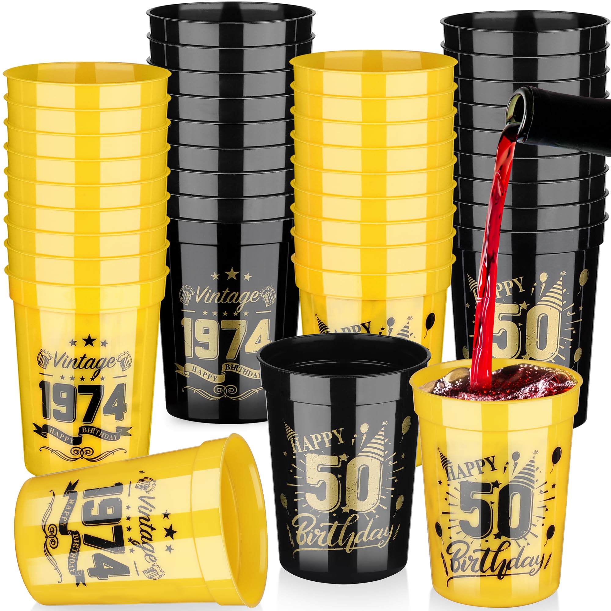 Shojoy 40 Pack Happy 50 Birthday Party Cups Black and Gold Birthday Stadium Cups 8 Ounces Reusable Plastic Tumblers for Birthday Anniversary Party Supplies Decors