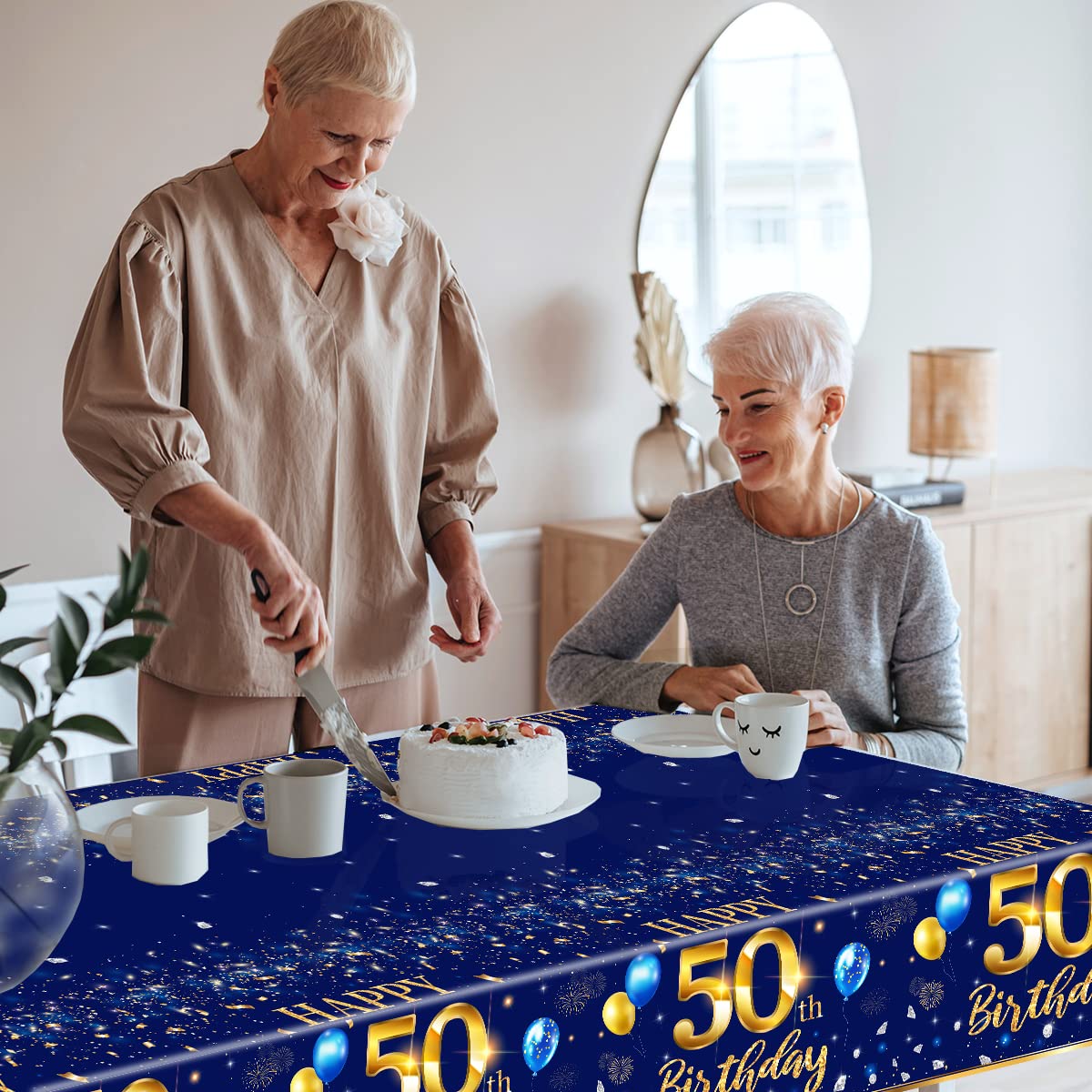 GREHUMOR 50th Birthday Decorations Men-3pcs Navy Blue 50th Birthday Table Covers Rectangle Waterproof Plastic Gold Blue Birthday Tablecloth for Men 50th Birthday Party Supplies