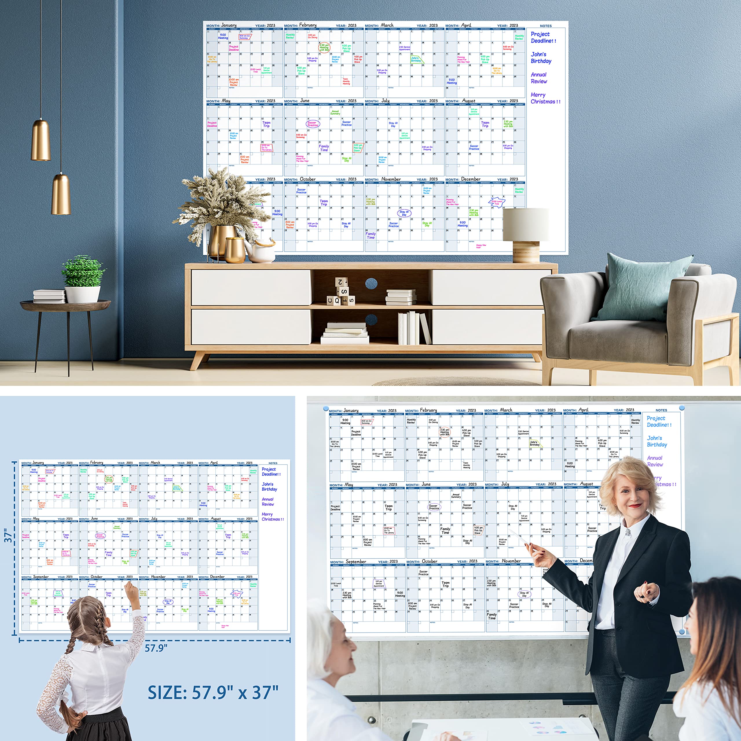 Large Dry Erase Calendar for Wall β Yearly Wall Calendar Dry Erase, 37" x 57.9", 12-Month Undated Blank Calendar Planner, Reusable Laminated Task Organizer with Note, Great for Office, Classroom, Home