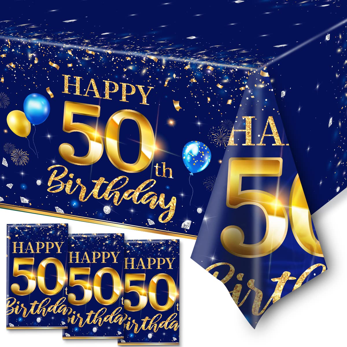 GREHUMOR 50th Birthday Decorations Men-3pcs Navy Blue 50th Birthday Table Covers Rectangle Waterproof Plastic Gold Blue Birthday Tablecloth for Men 50th Birthday Party Supplies