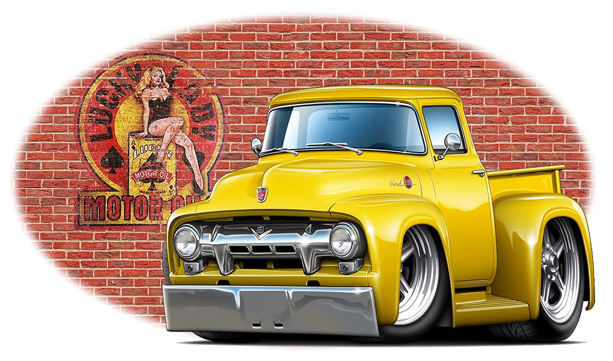 1954 Ford F100 Yellow Pickup Truck Classic Brick Wall Design Full Color Tshirt Large White