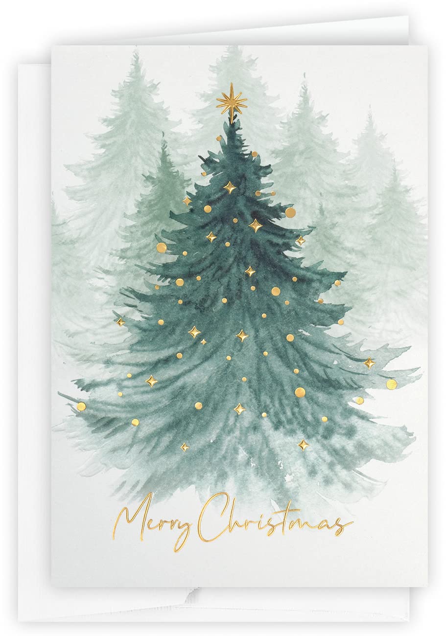 The Gallery Collection, 25 Count Card Pack, Christmas Cards with Foil Lined Envelopes (Watercolor Christmas Forest), For Business or Consumer