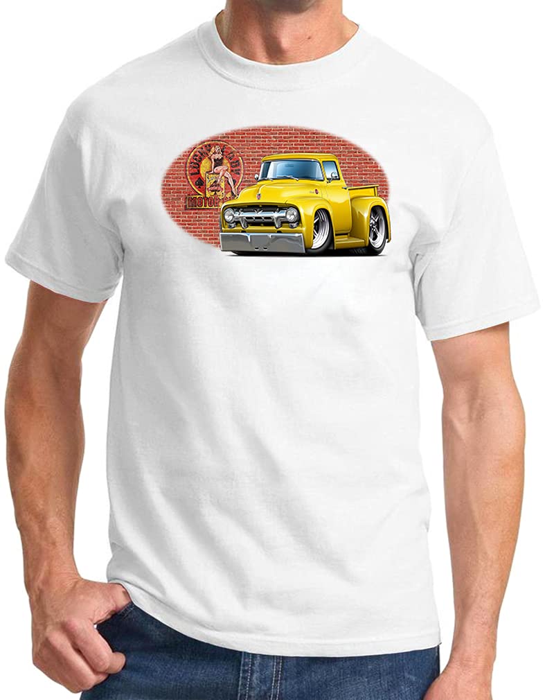 1954 Ford F100 Yellow Pickup Truck Classic Brick Wall Design Full Color Tshirt Large White