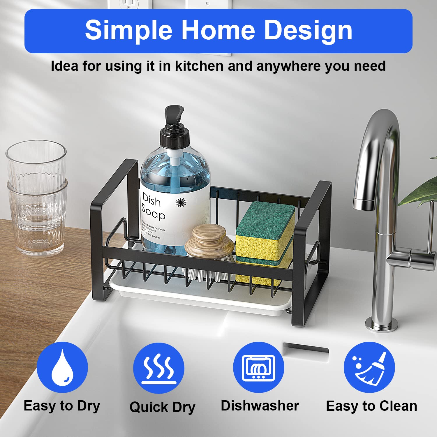 MFTEK Sink Caddy Kitchen Sponge Holder, Soap Holder Tray for Kitchen Sink Countertop, 304 Stainless Steel Soap Dispenser Brush Drainer Rack Organizers with Removable Drain Tray