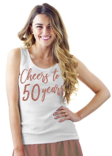 50th Birthday Shirt - Rose Gold Sparkle Cheers to 50 Years Relaxed Tank Top - 50th Birthday Party Supplies - White - Medium